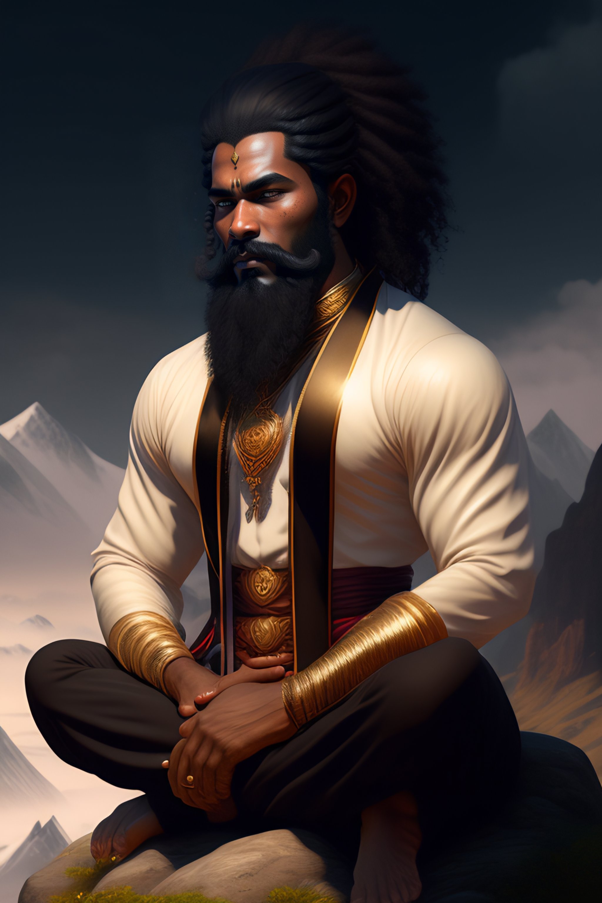 Lexica - Brahmin monk with black hair curly, black beard, serious face ...
