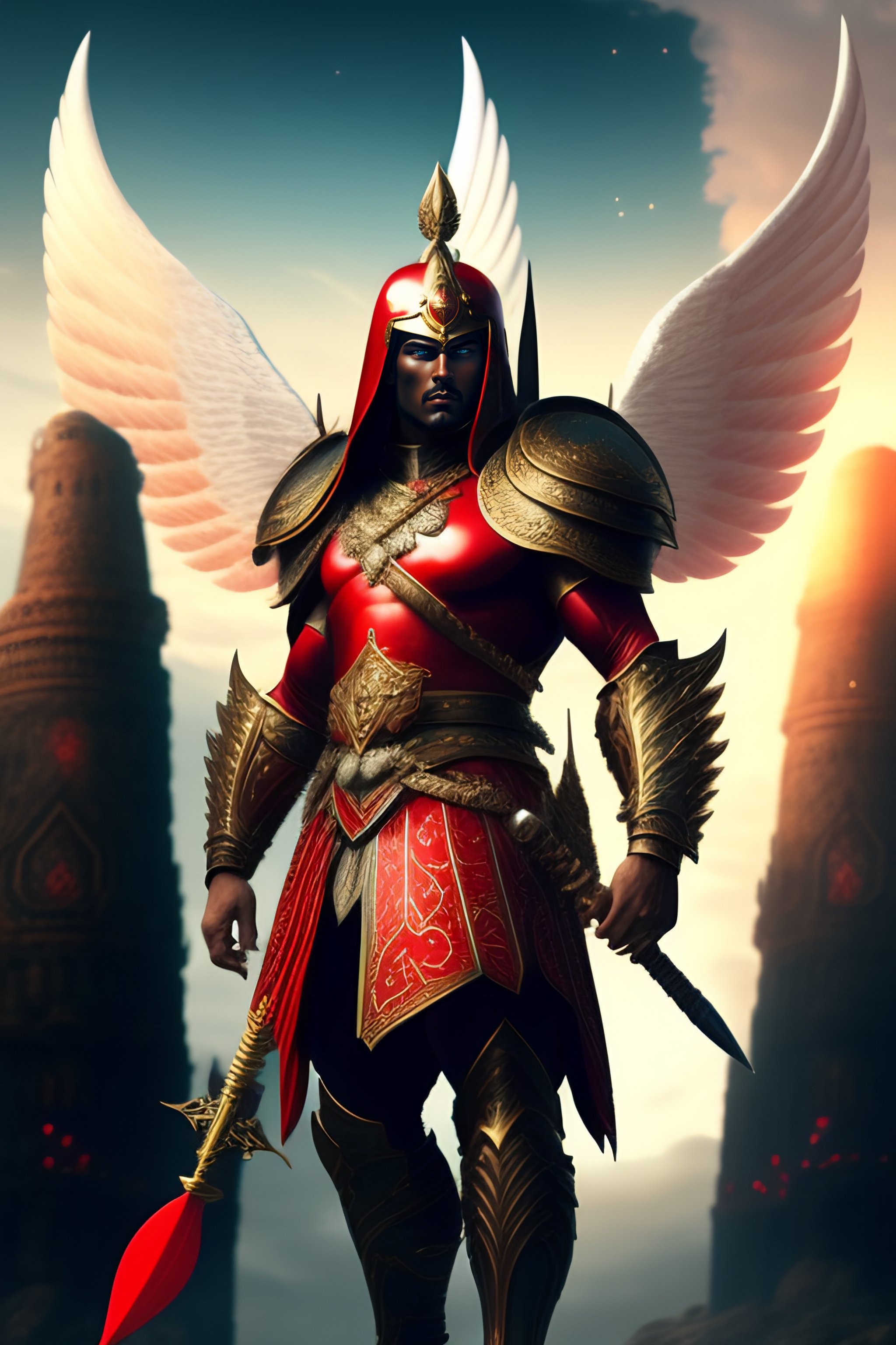 Lexica - A warrior in red armor with large white wings behind his back ...