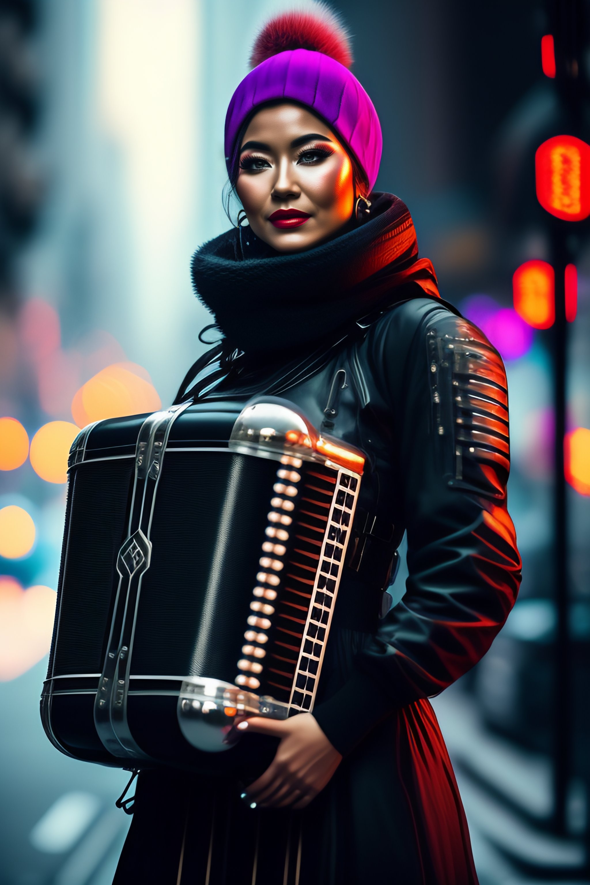 Lexica - Woman with accordion, cyberpunk