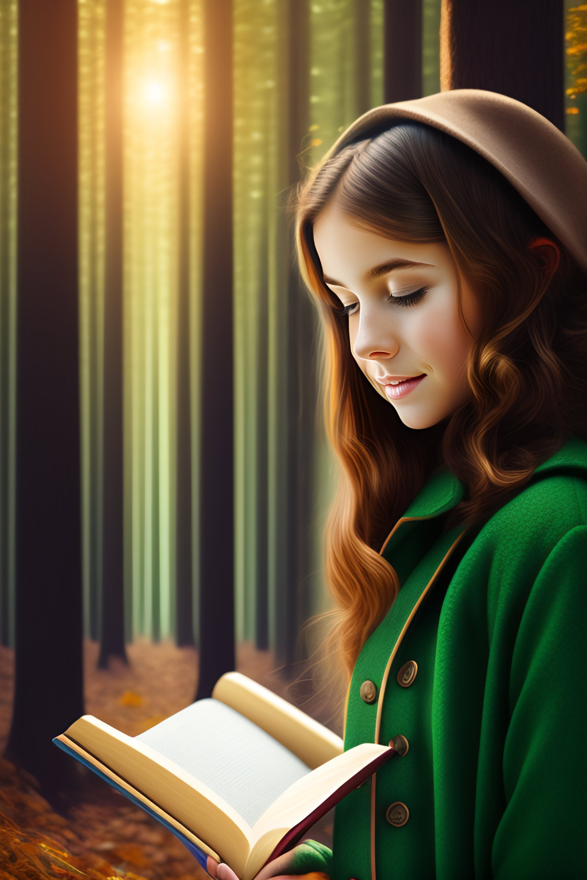Lexica - A girl with brown hair reading a book, forest