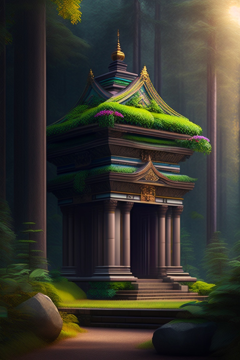 Lexica - An ancient, overgrown temple hidden amidst towering trees, its ...