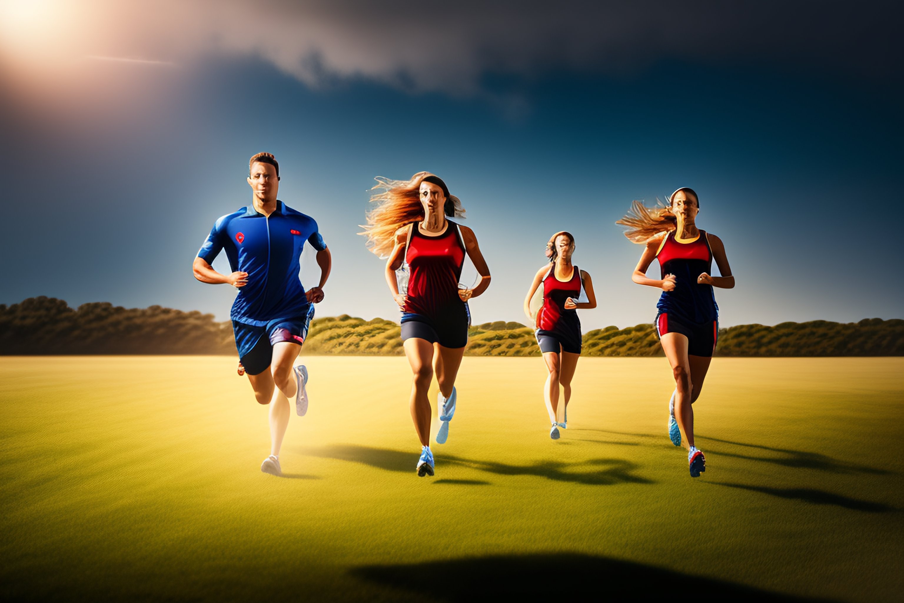 Lexica - Men and women chasing, front view, grass ground, sun, sharp faces