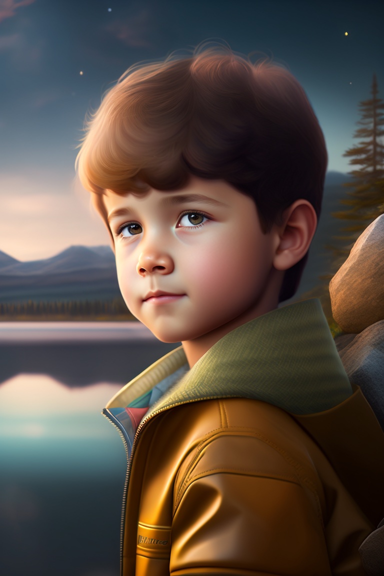Lexica - A young boy named Ethan standing near a lake, his curious gaze ...