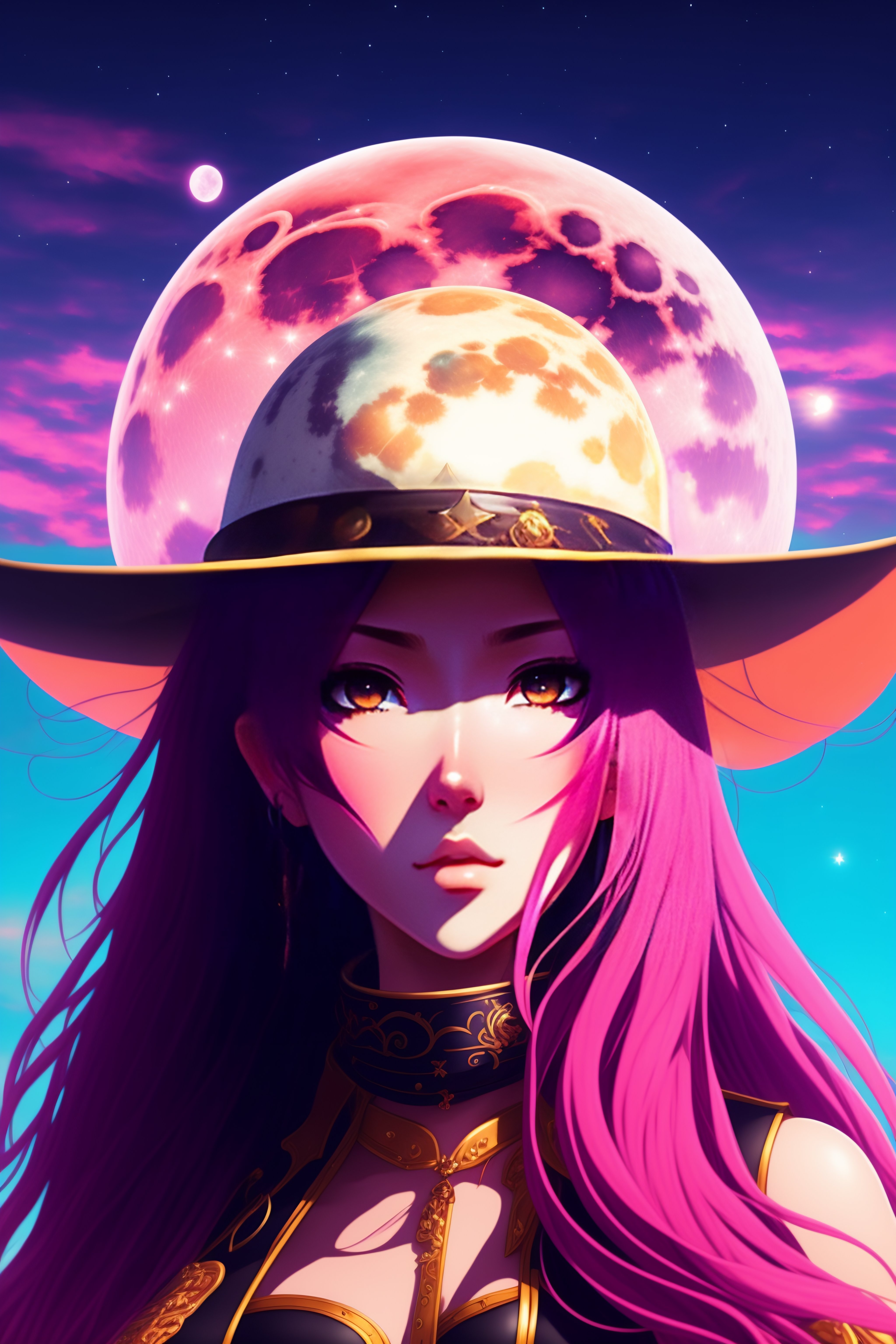 Lexica - Full moon, pink moon, anime, anime girl, long hair, view in ...