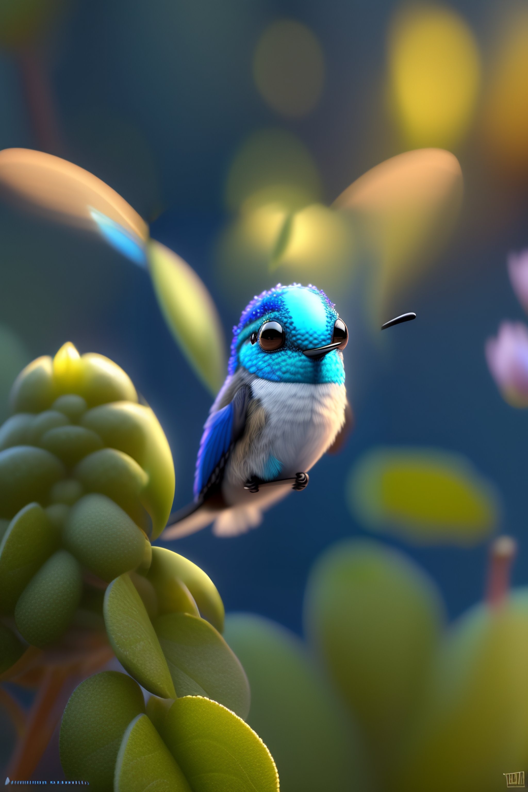 Lexica - Cute adorable little blue hummingbird waving and smiling ...