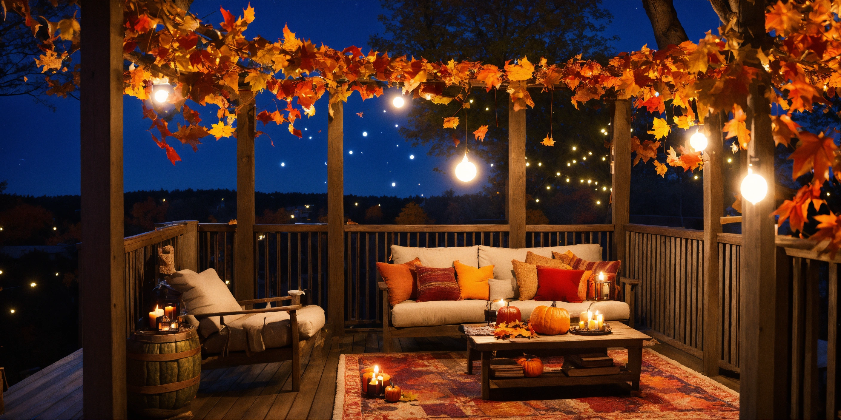 Lexica - Fall theme patio, big comfy couch, big fluffy rug, fall leaves ...