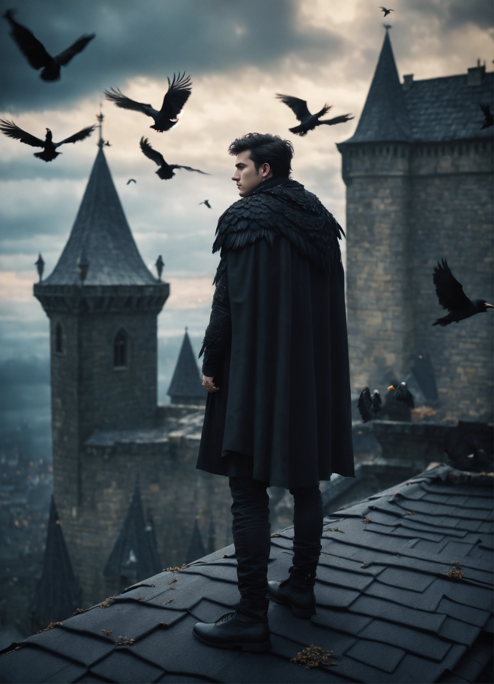 Lexica - Beautiful young dark-haired young man with black wings standing on the roof of a gothic ...