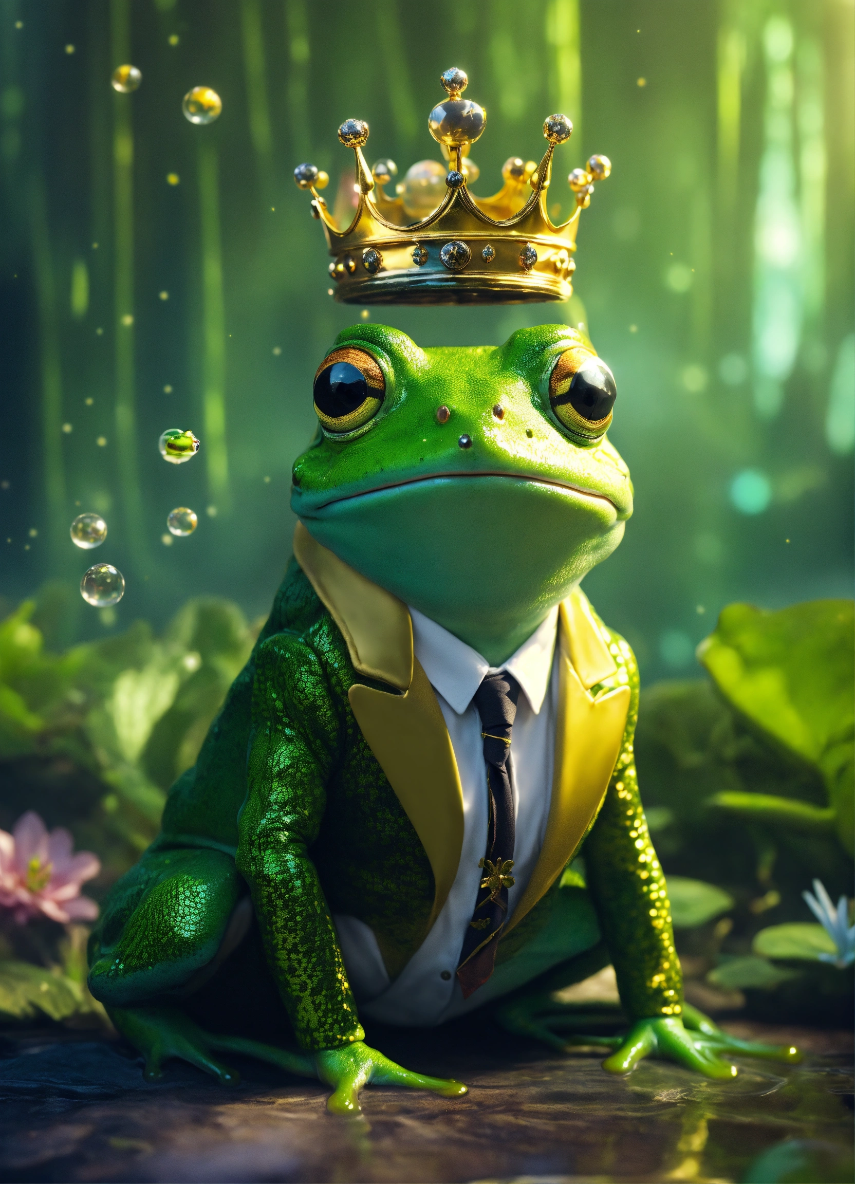 Lexica - Cute frog in suit and crown with lady frog taking a chance ...
