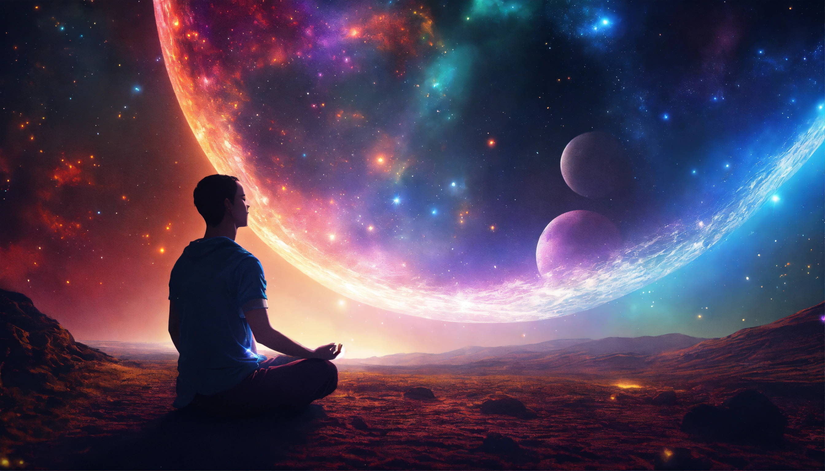 Lexica - Cosmic darkness, person meditating in darkness with a light ...