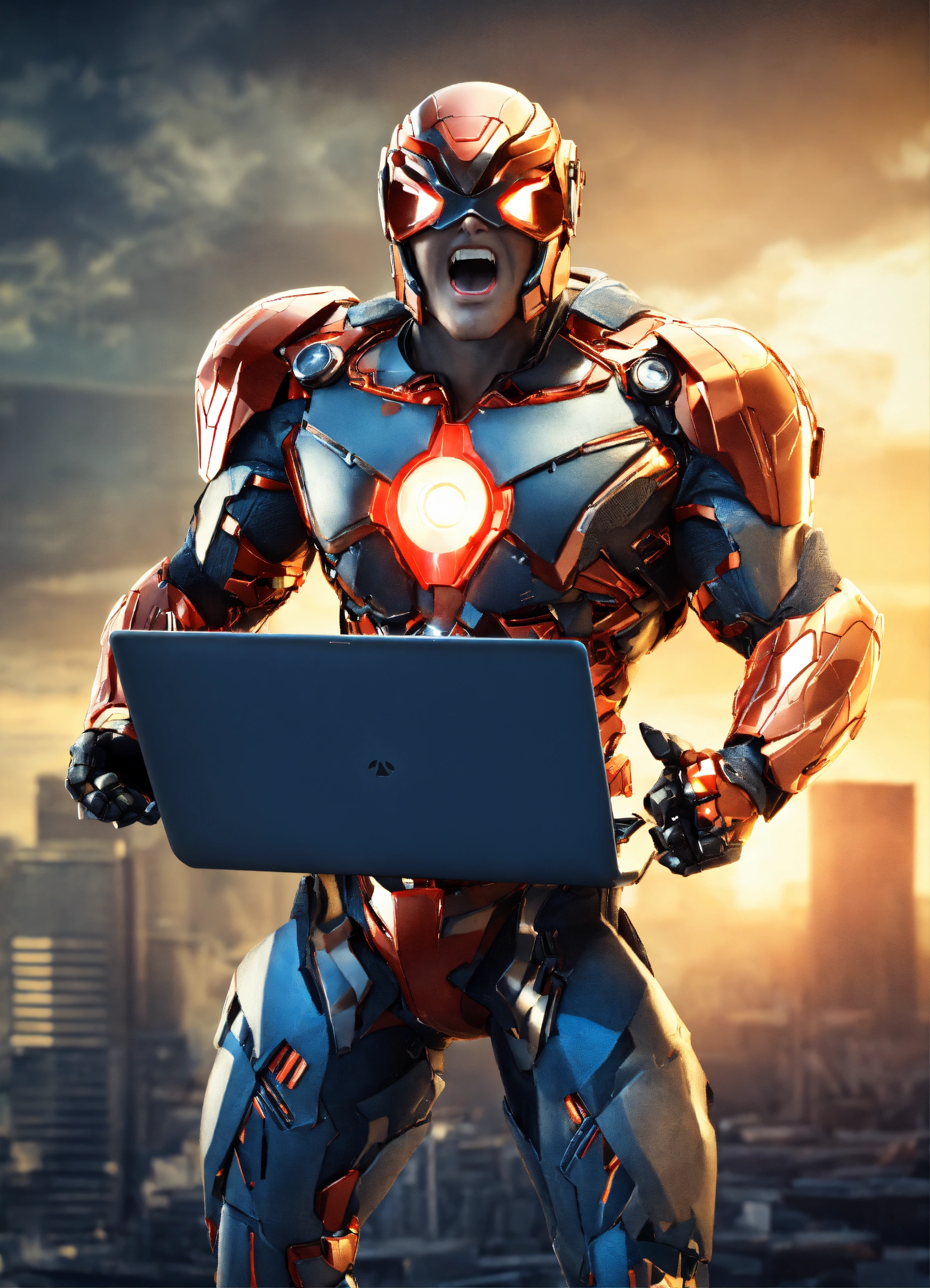 Lexica - Superhero cyborg, mascot, 3d, full body, hold laptop, screaming