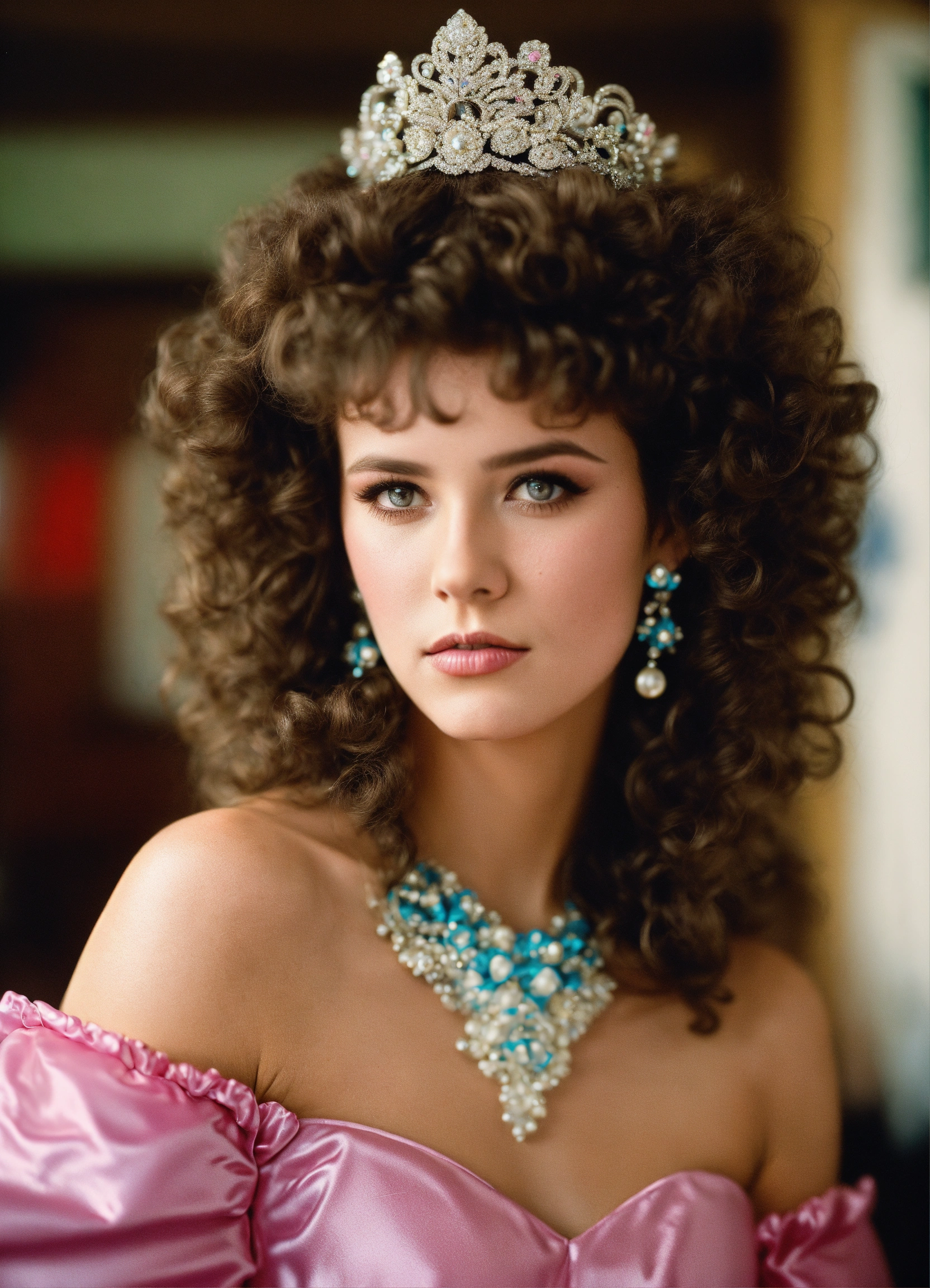 Lexica - "pretty 80s prom queen", 80s perm curls, puffy 80s prom dress ...