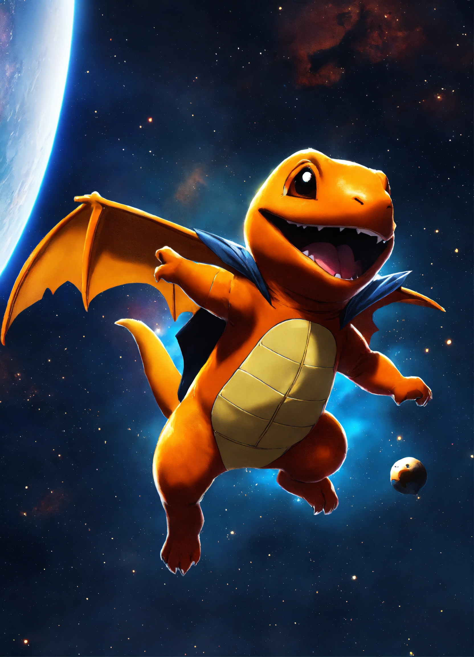 Lexica - A realistic Charmander flying Batman in space.