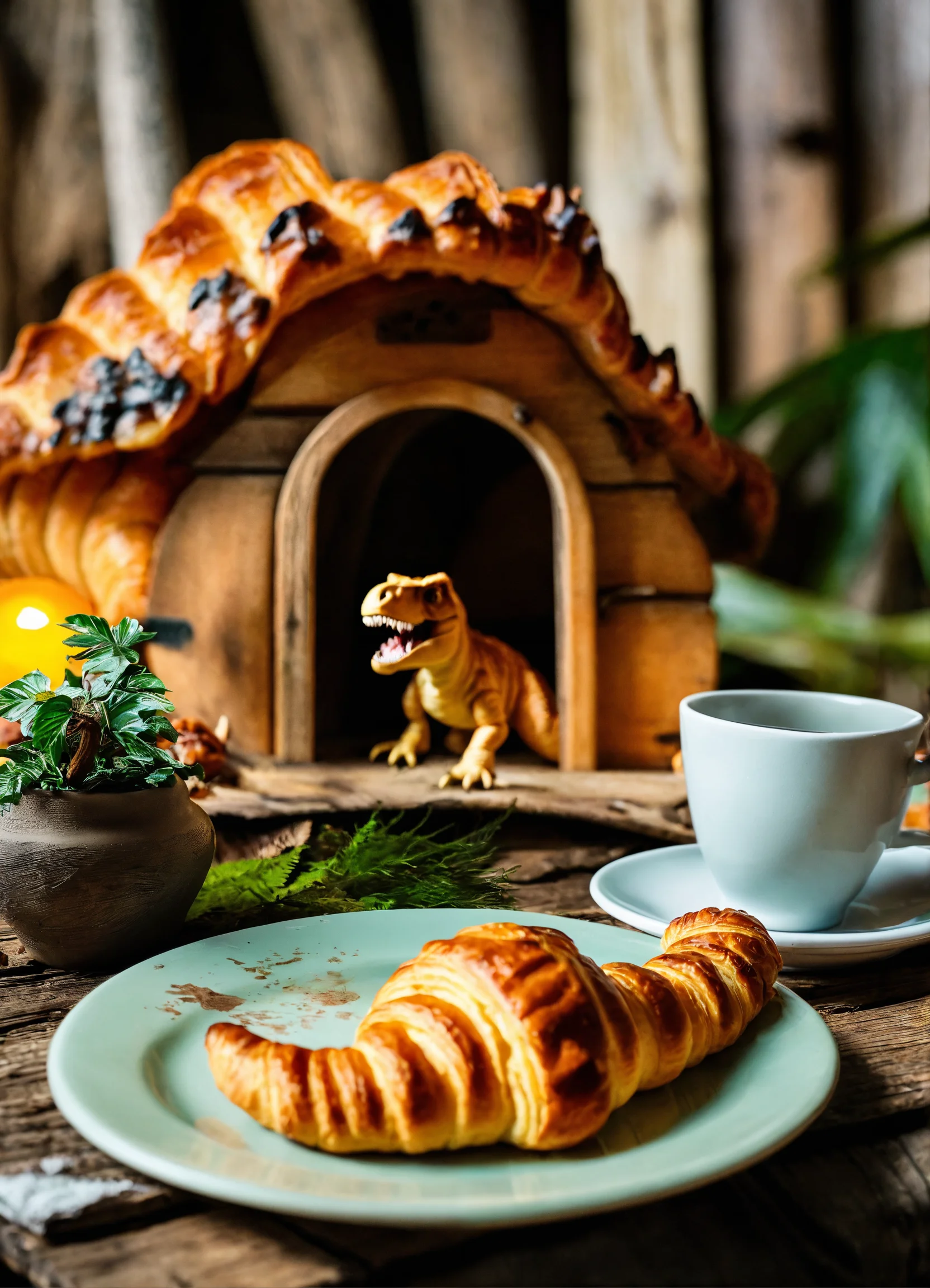 Lexica - A croissant Tyranosaurus Rex on a plate, a set breakfast table ...