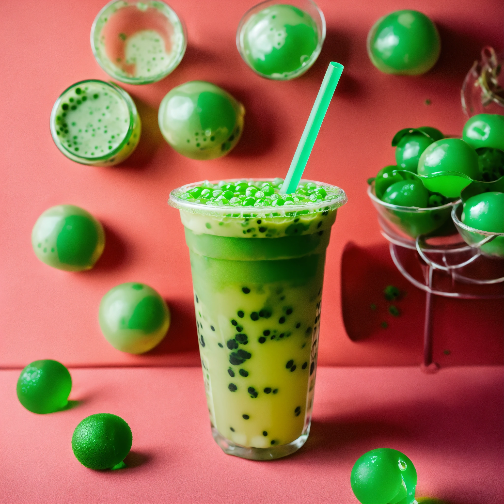Lexica - Floating green boba tea. A lot of bobas. Stickers on cup ...