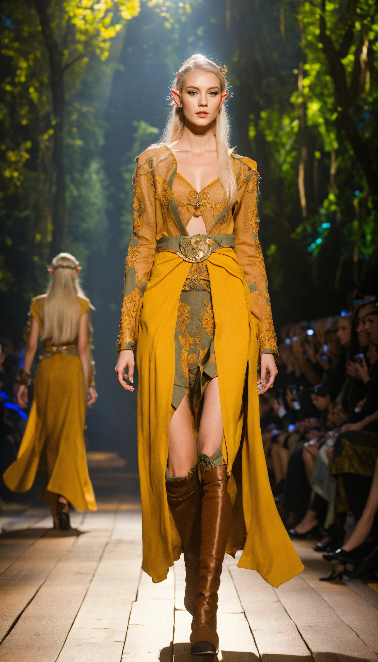 Lexica - Lothlorien female elves walking runway during elvin fashion week