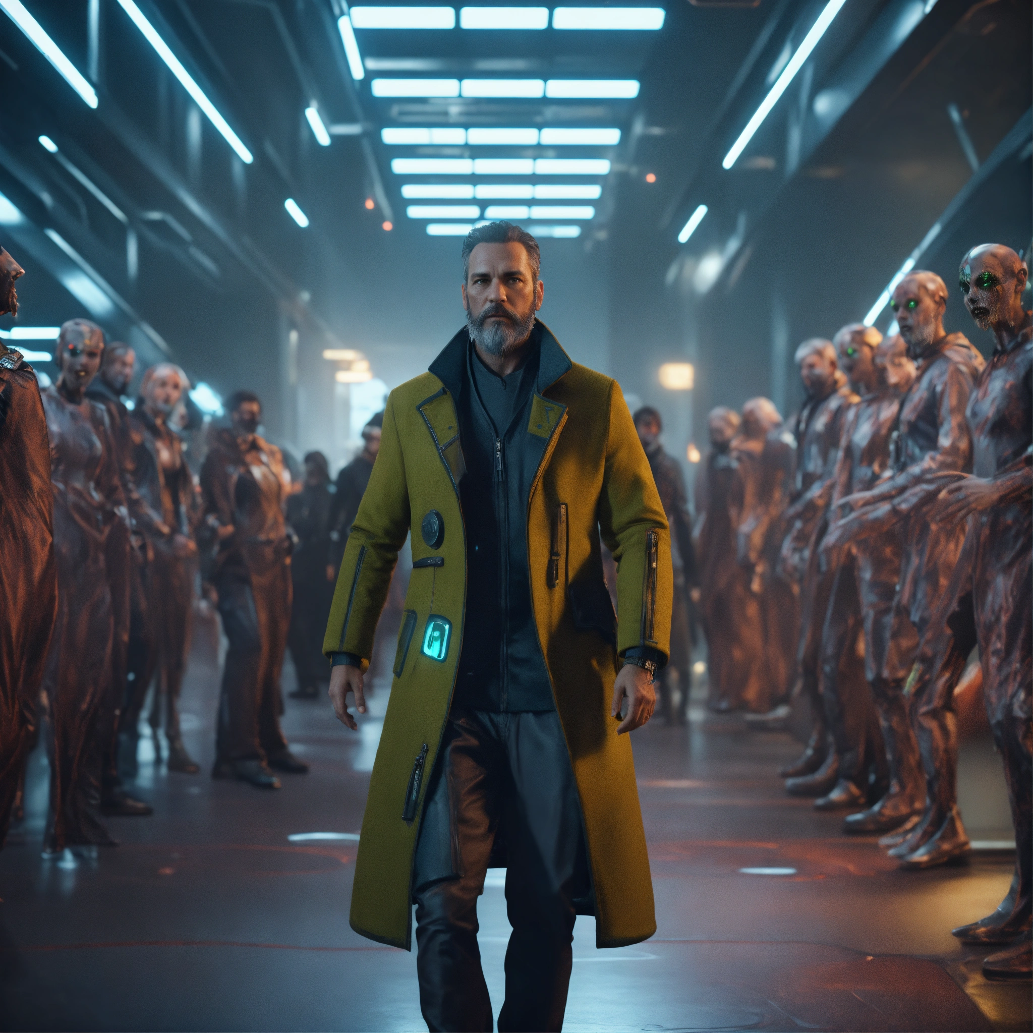 Lexica - 45 year old masculine man with trim beard in futuristic long ...