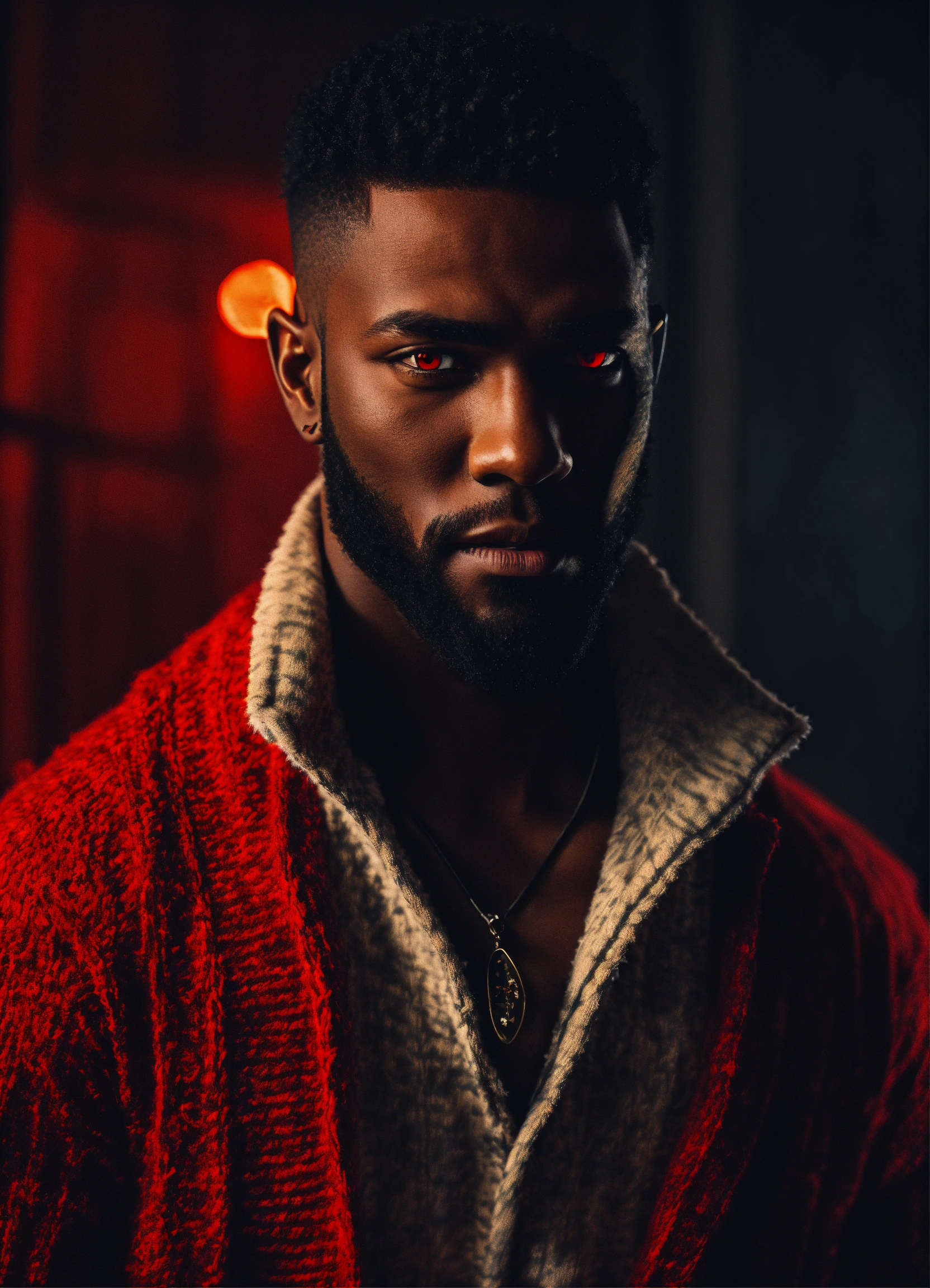 Lexica - Handsome black male vampire, glowing red eyes, beard, jeans ...