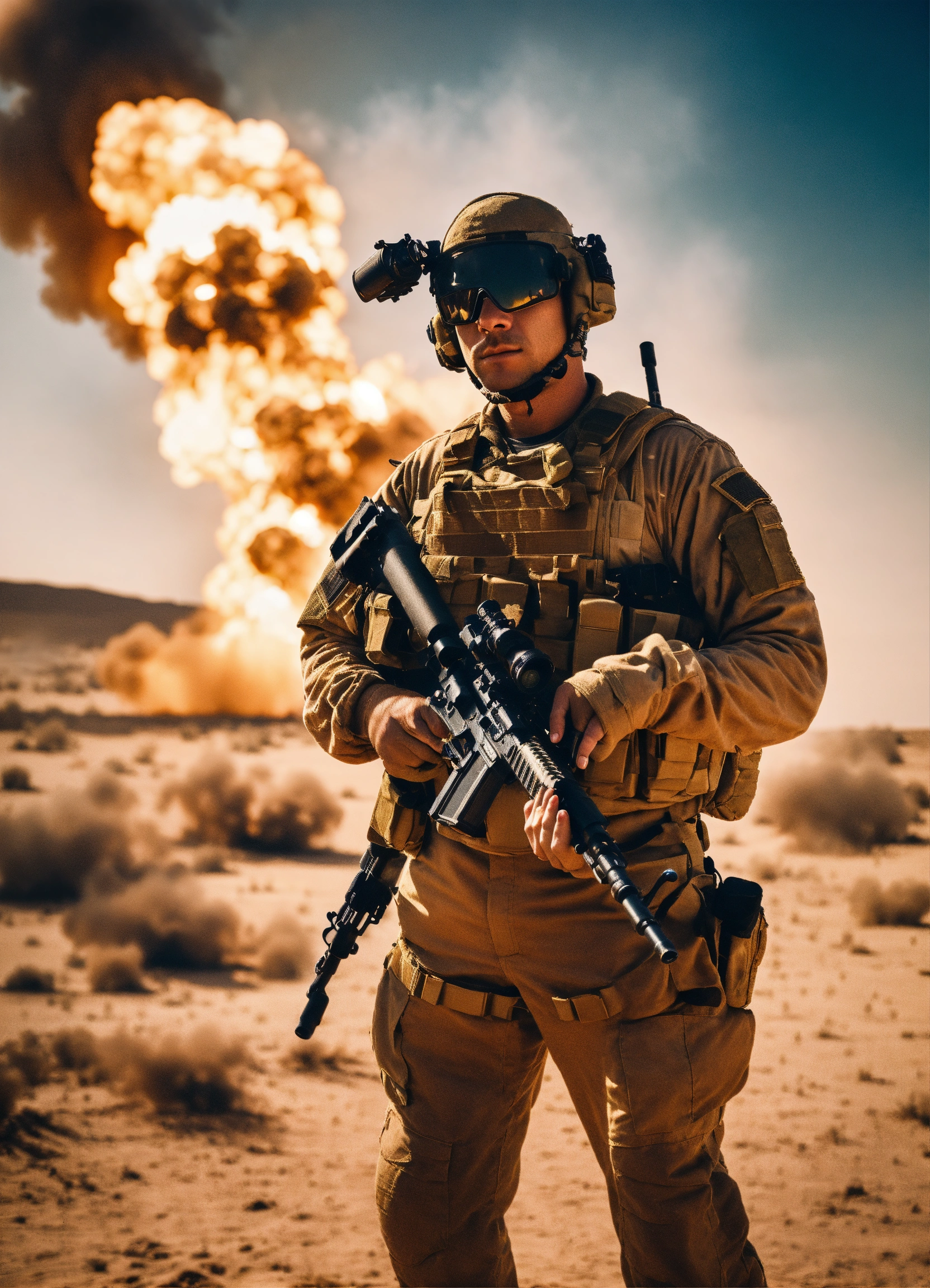 Lexica - A solder with an AR-15 in the desert, explosion behind him, 8k ...