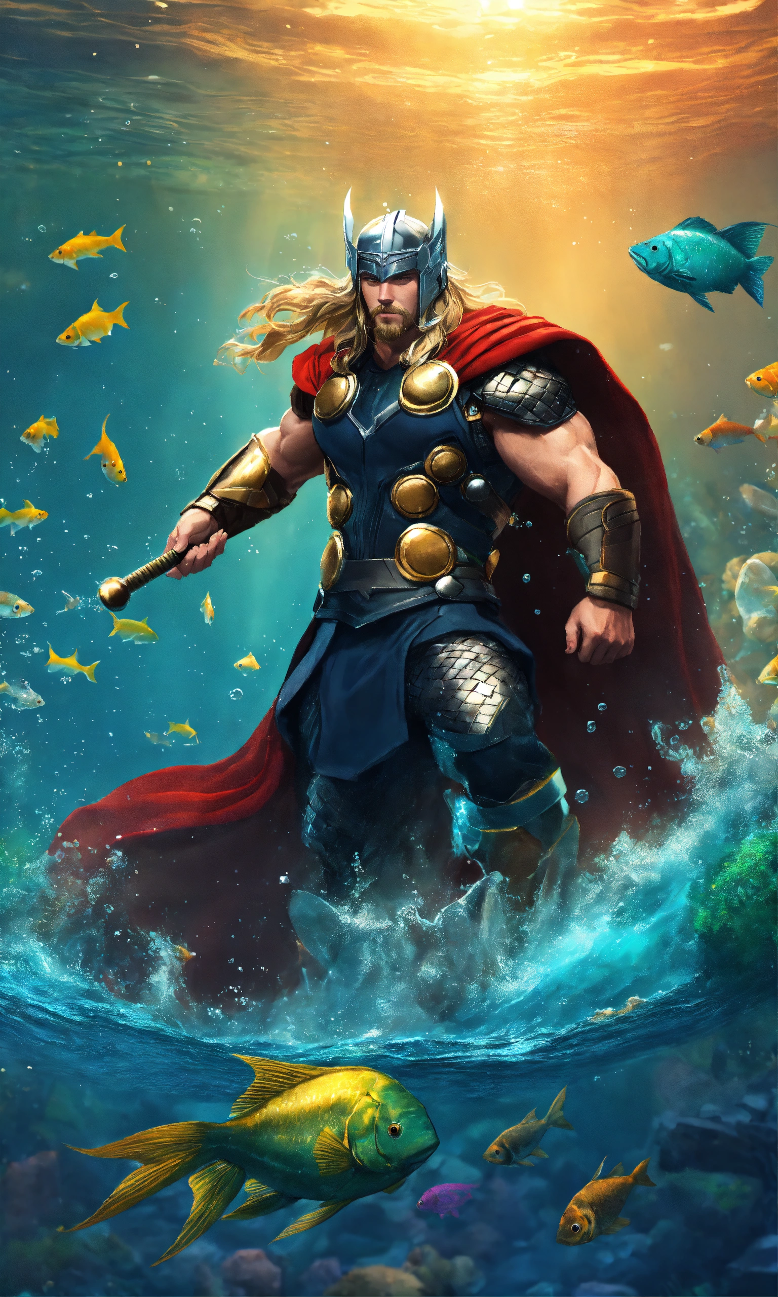 Lexica - Thor with fish underwater in the ocean, nature background, 2D ...