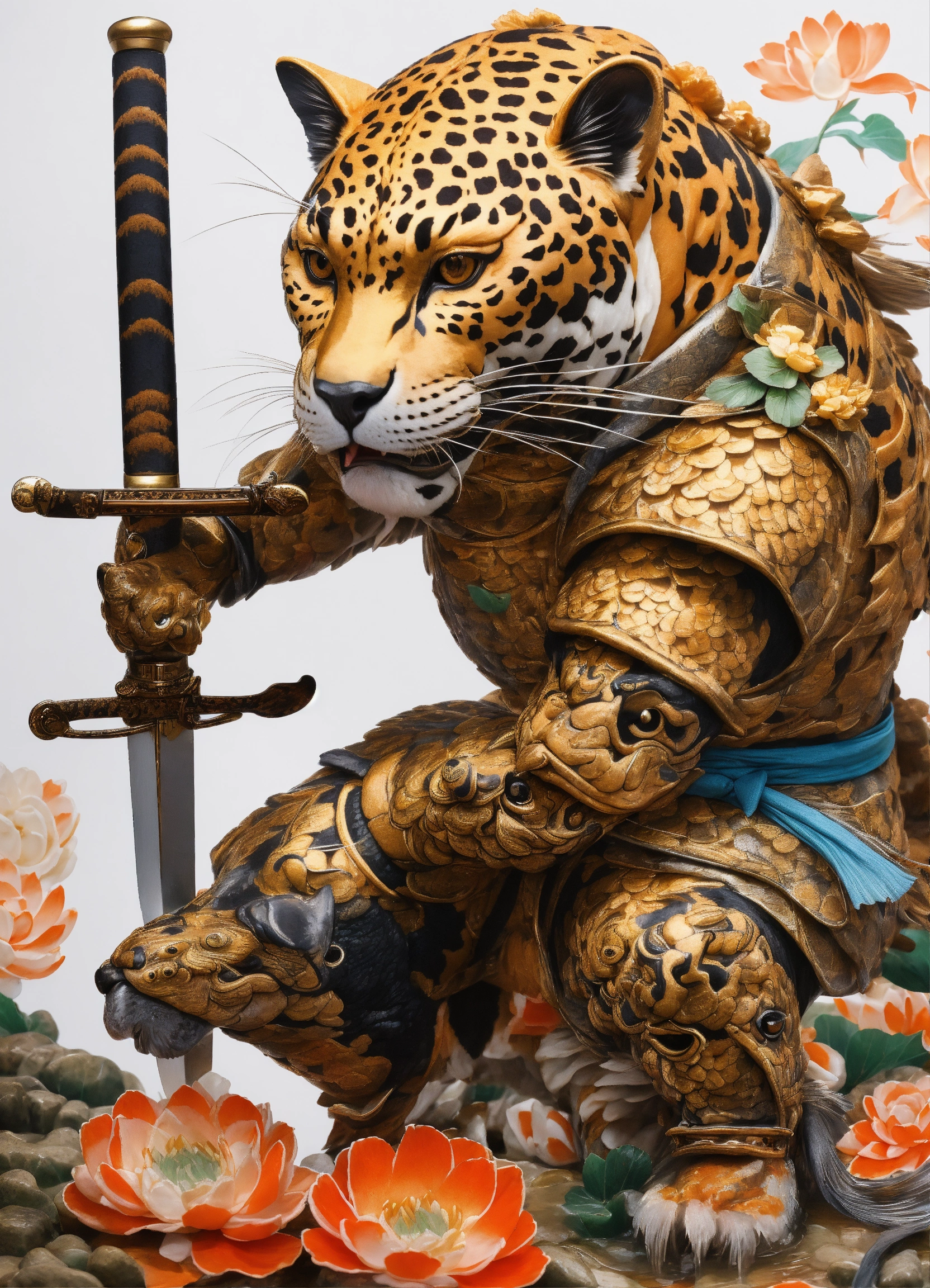 Lexica - There is a jaguar with a big carp koi and a sword on a white ...