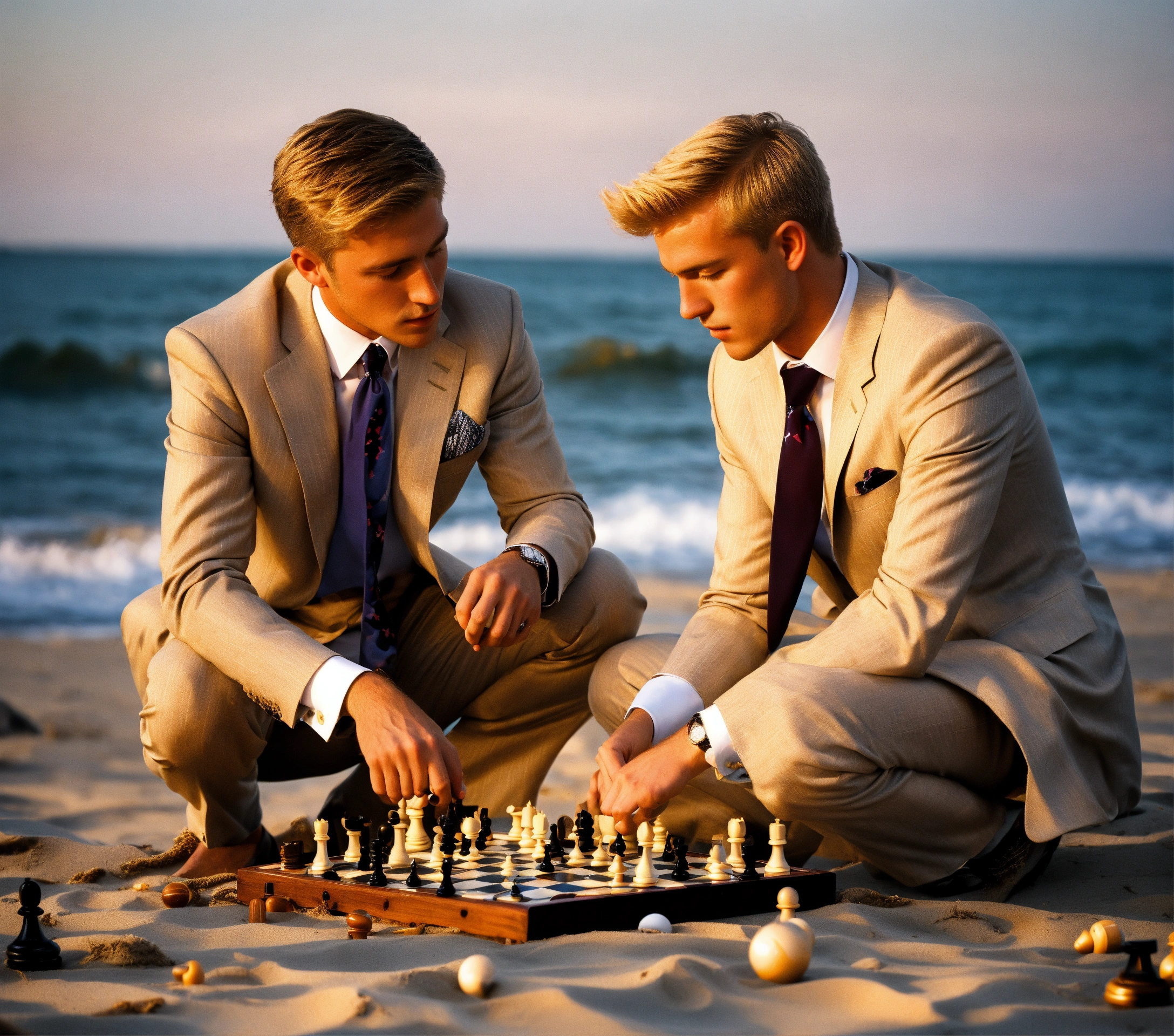Lexica - Two young blonde gentlemen, white pinstripe suit, club tie ...