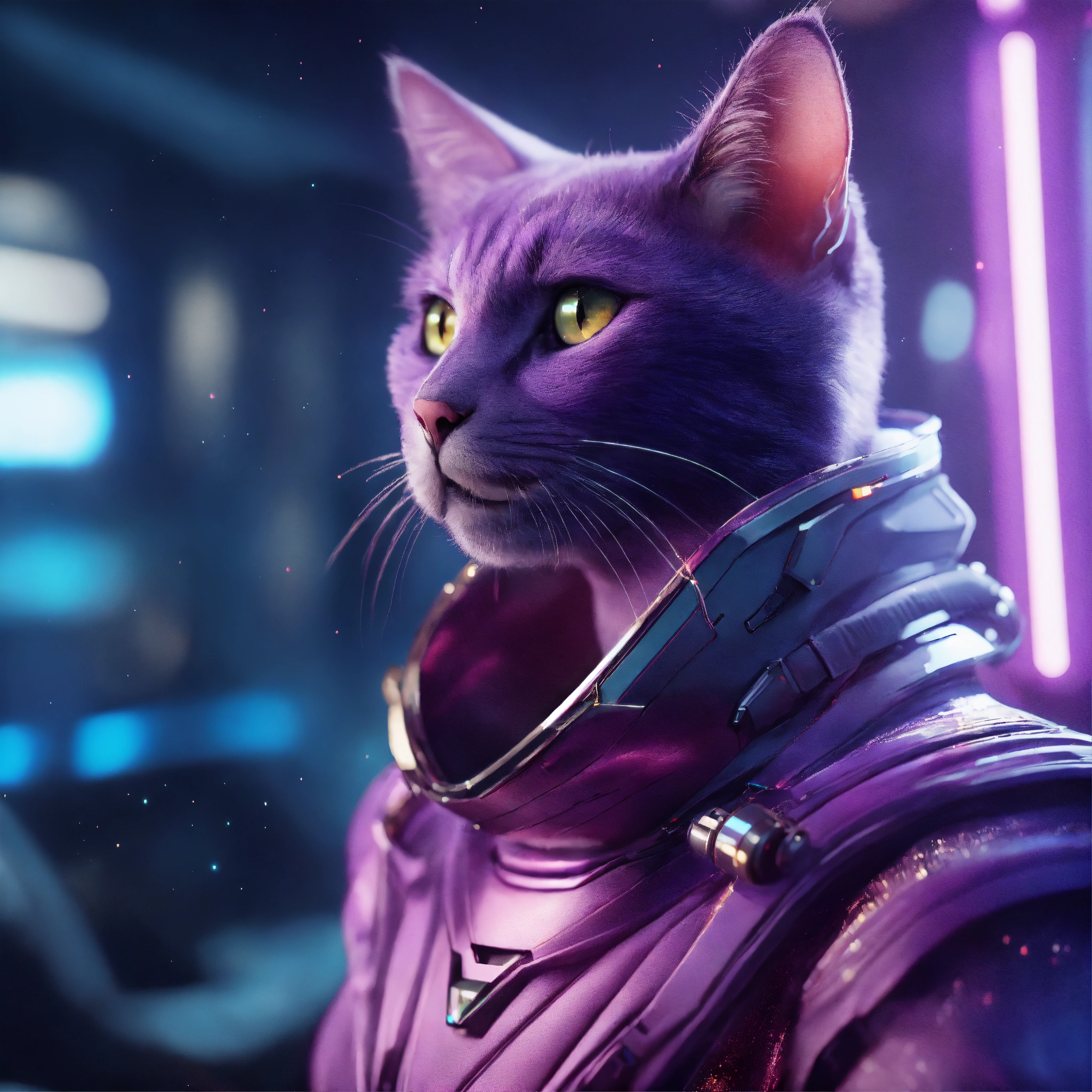 Lexica - Zoom out from a sophisticated purple cat faced humanoid ...