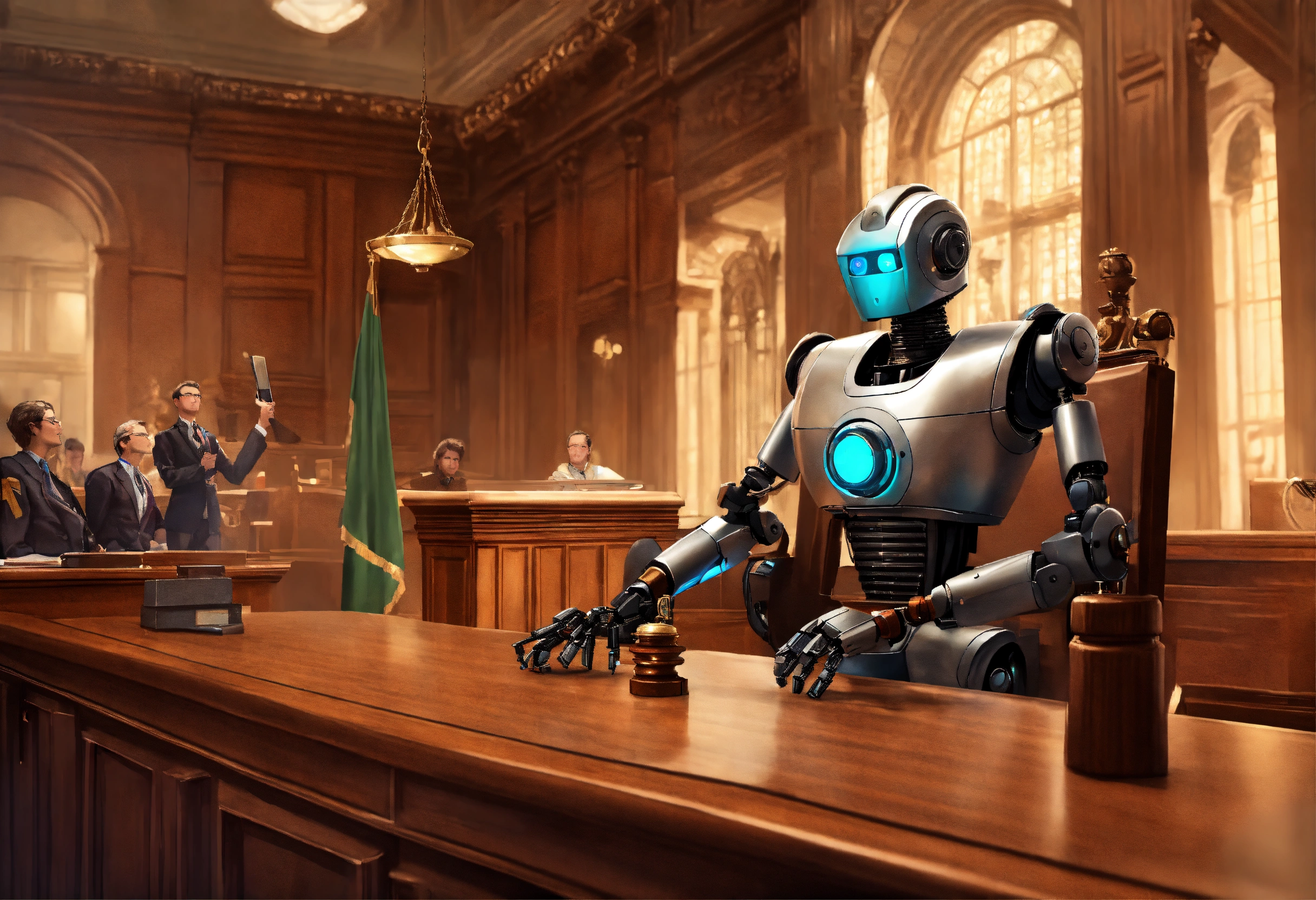 Lexica - Create an image of a robot judge with a gavel at a court bench ...