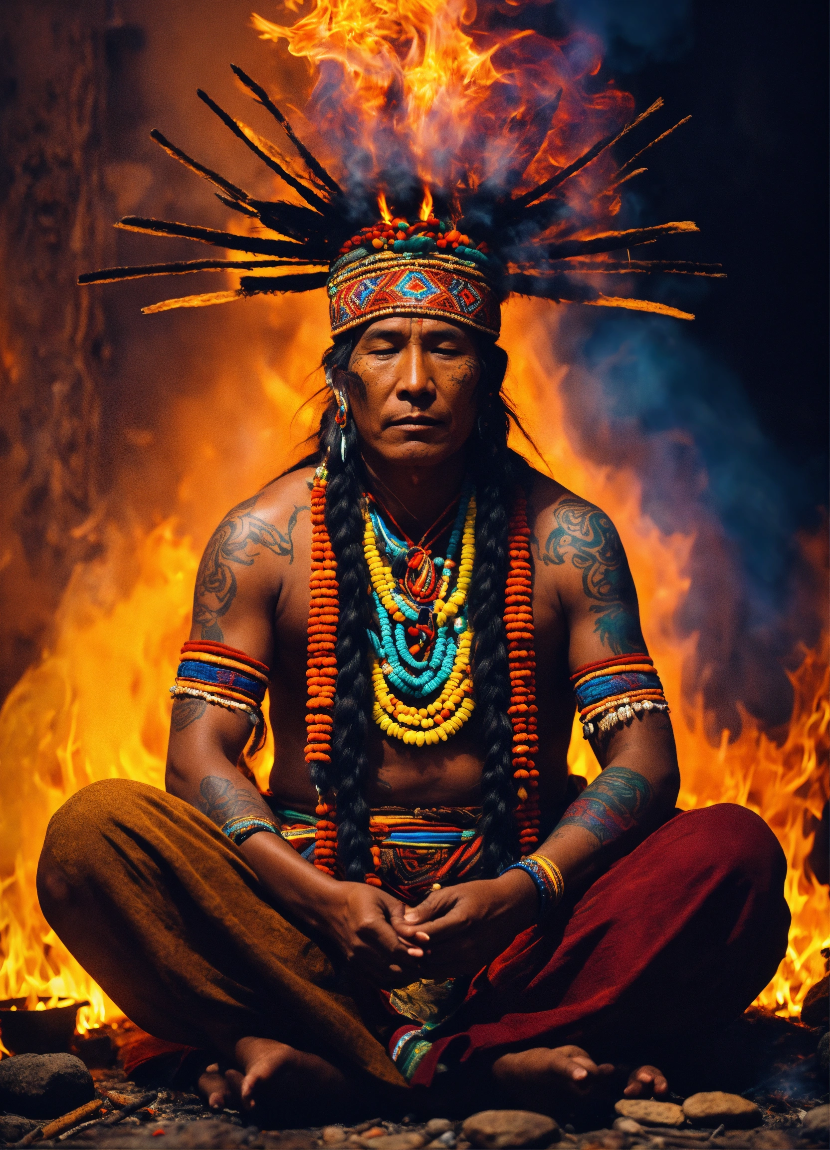 Lexica - Drawing shaman from peru sitted in front of fire, meditating ...