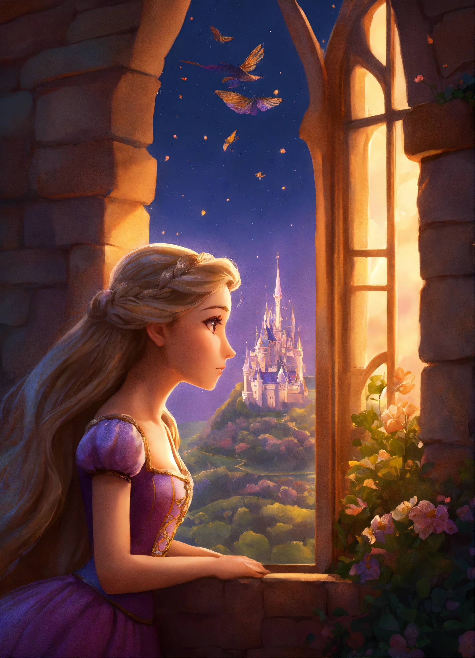 Lexica - Rapunzel gazed out of her tower window, yearning for a glimpse ...