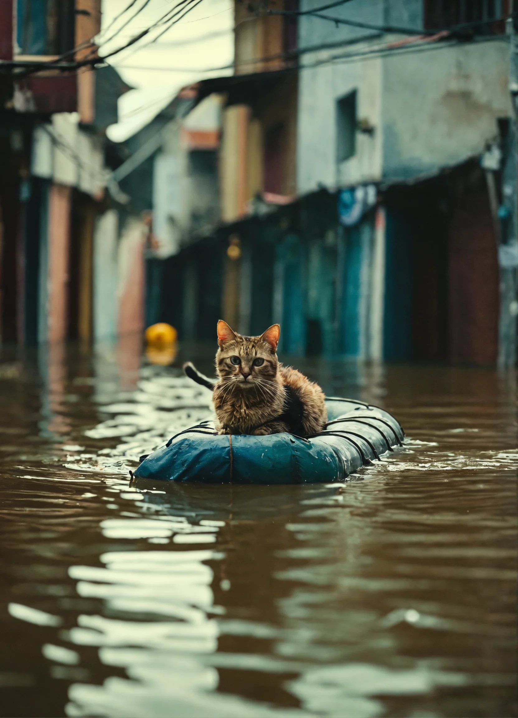 Lexica - A cat floats on a raft along the street of a flooded city