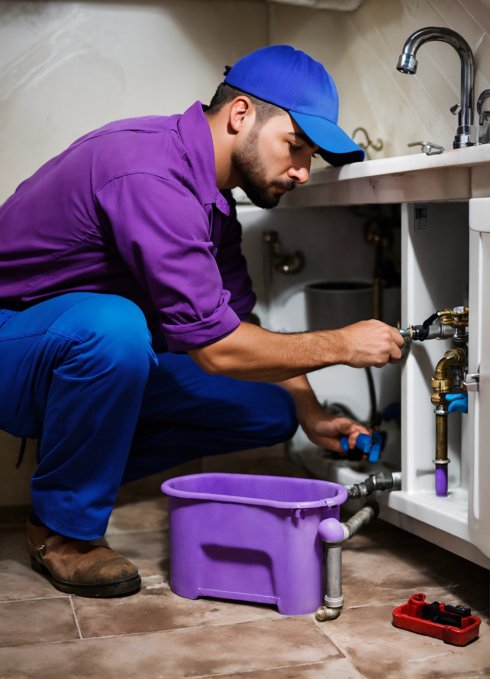 Lexica - Purple color plumber working under a sink or fixing a pipe in ...