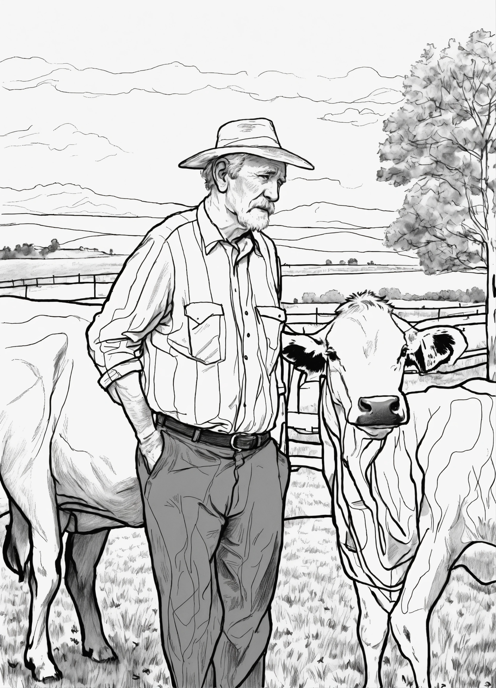 Lexica - Black and white bold line drawing, older man, with cow, upper ...