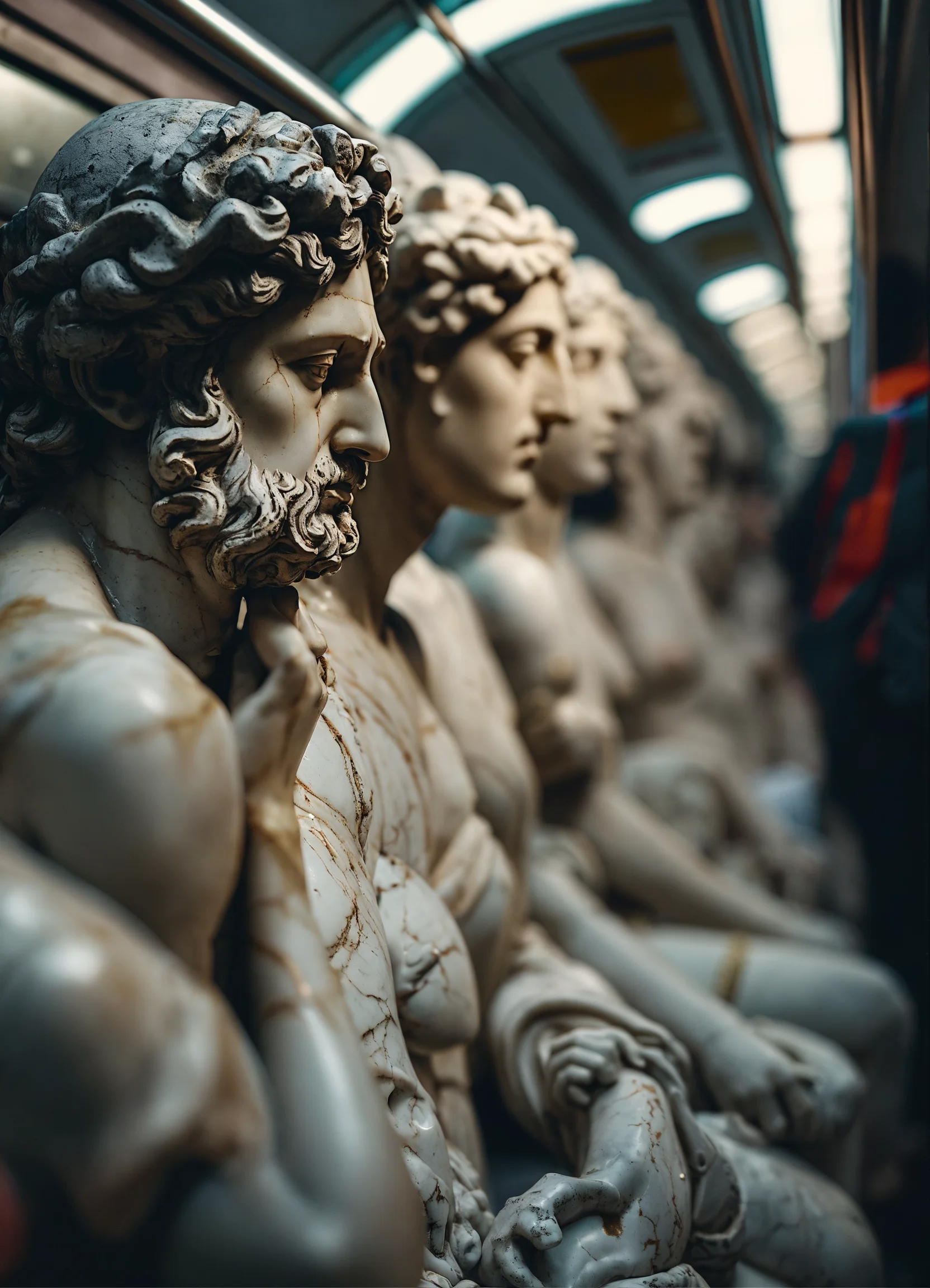 Lexica - Greek marble statues sitting in a very crowded subway train ...