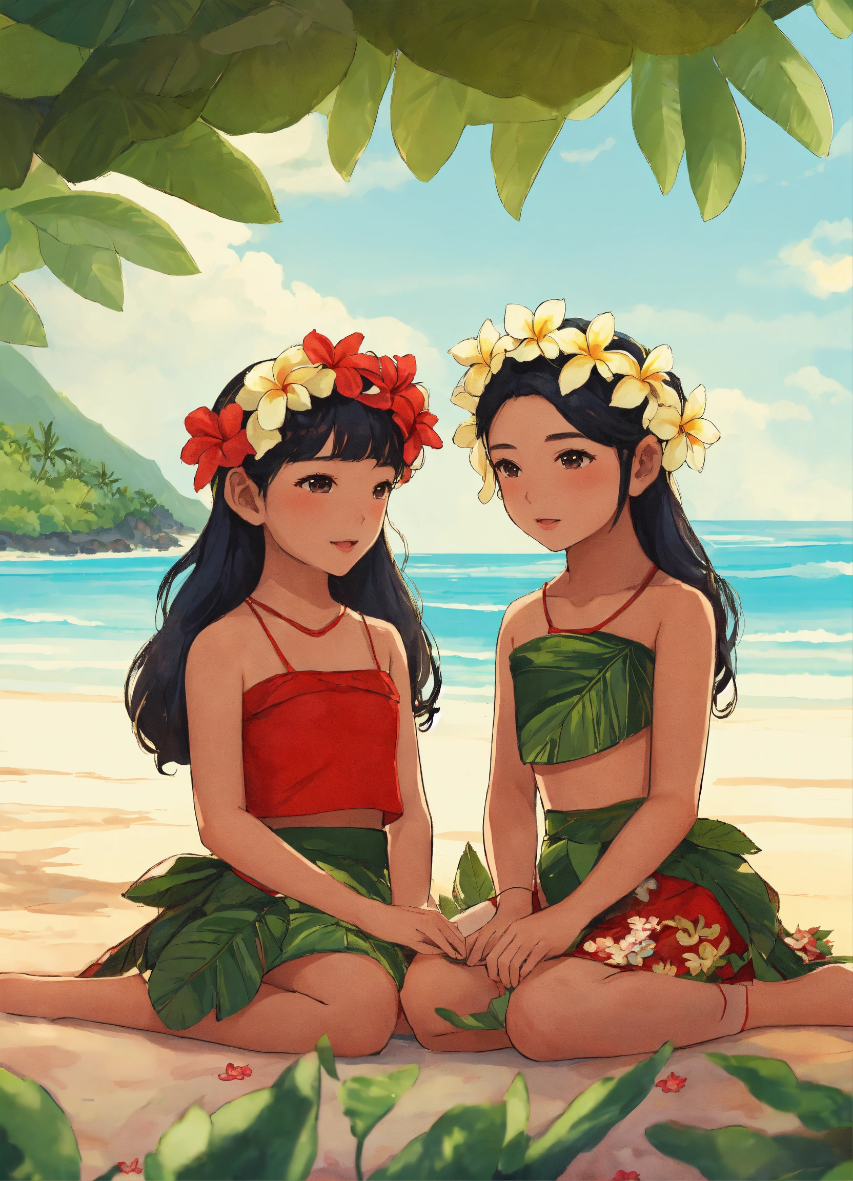 Lexica - Illustration of three girls. little girls wearing a plumeria ...