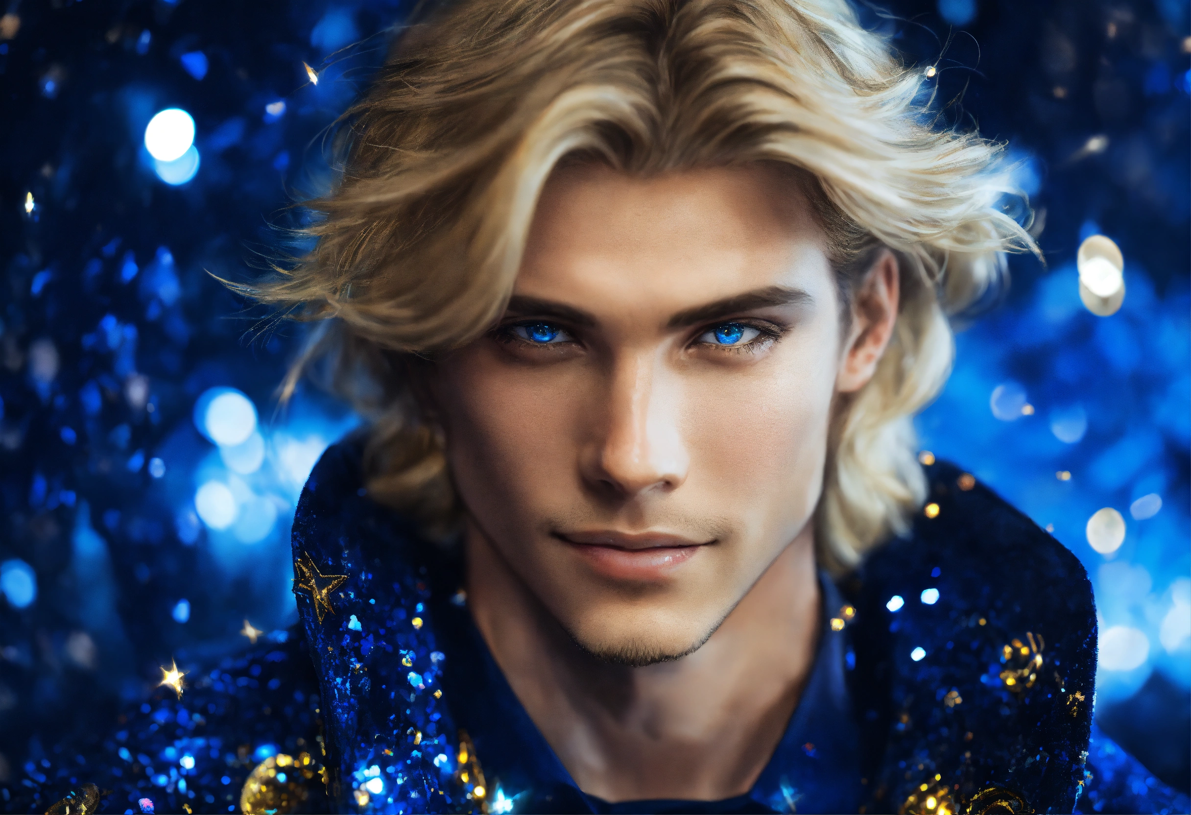 Lexica - Beautiful faces cosmic men long blond hair, smiling, blue and ...