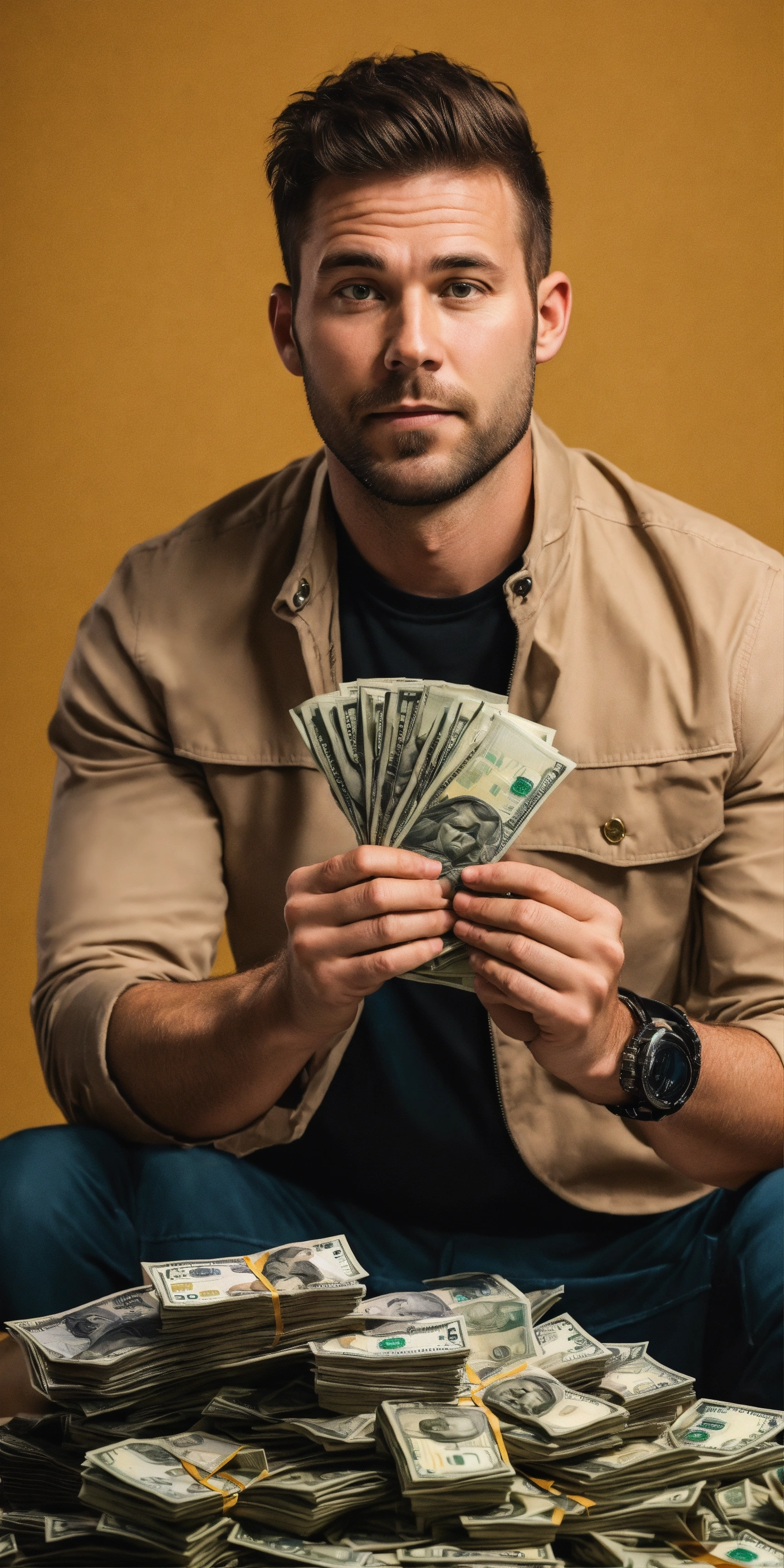 Lexica - A guy in his 30s is holding a big pile of cash dollars. The ...