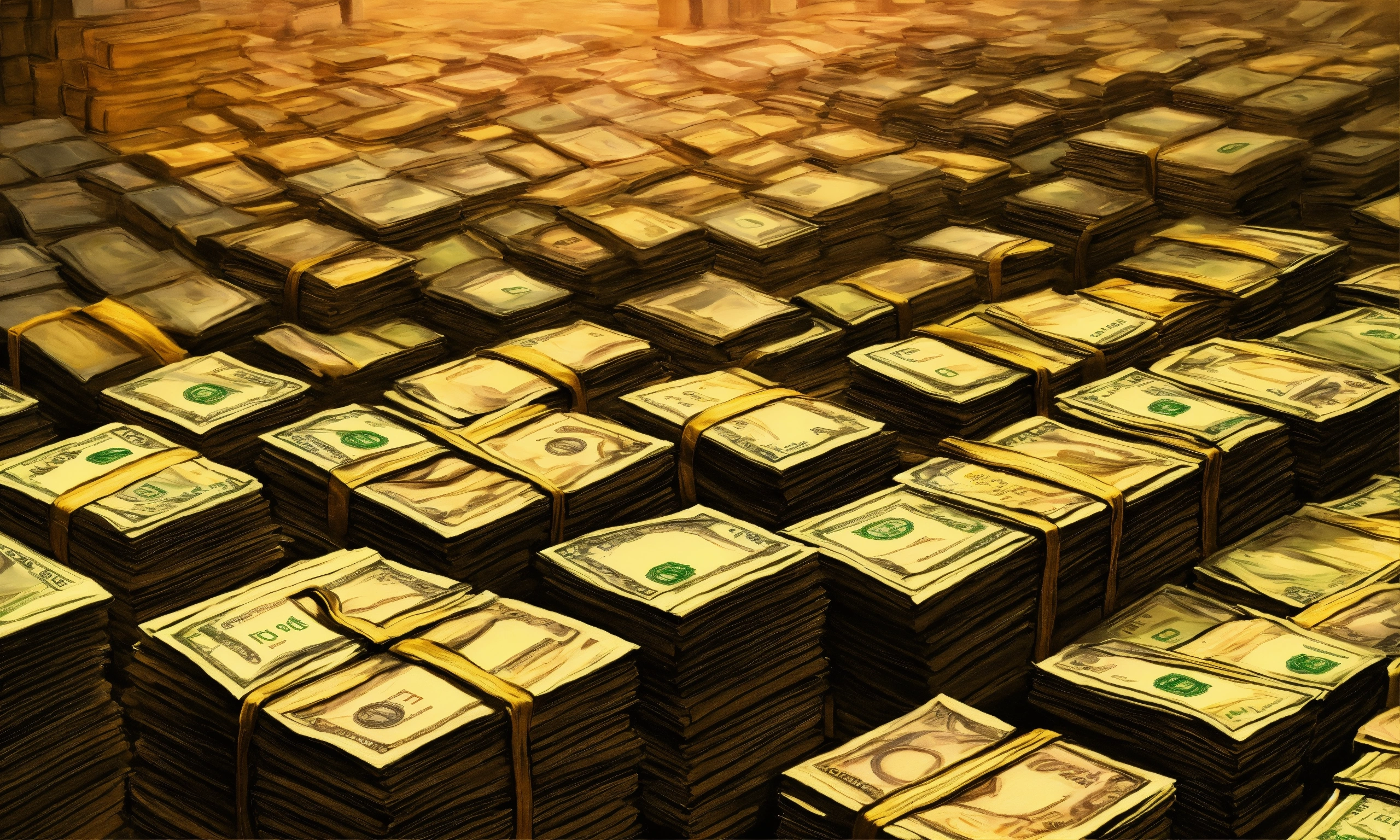 Lexica - A hand drawn painting of many stacks of money on a big table ...