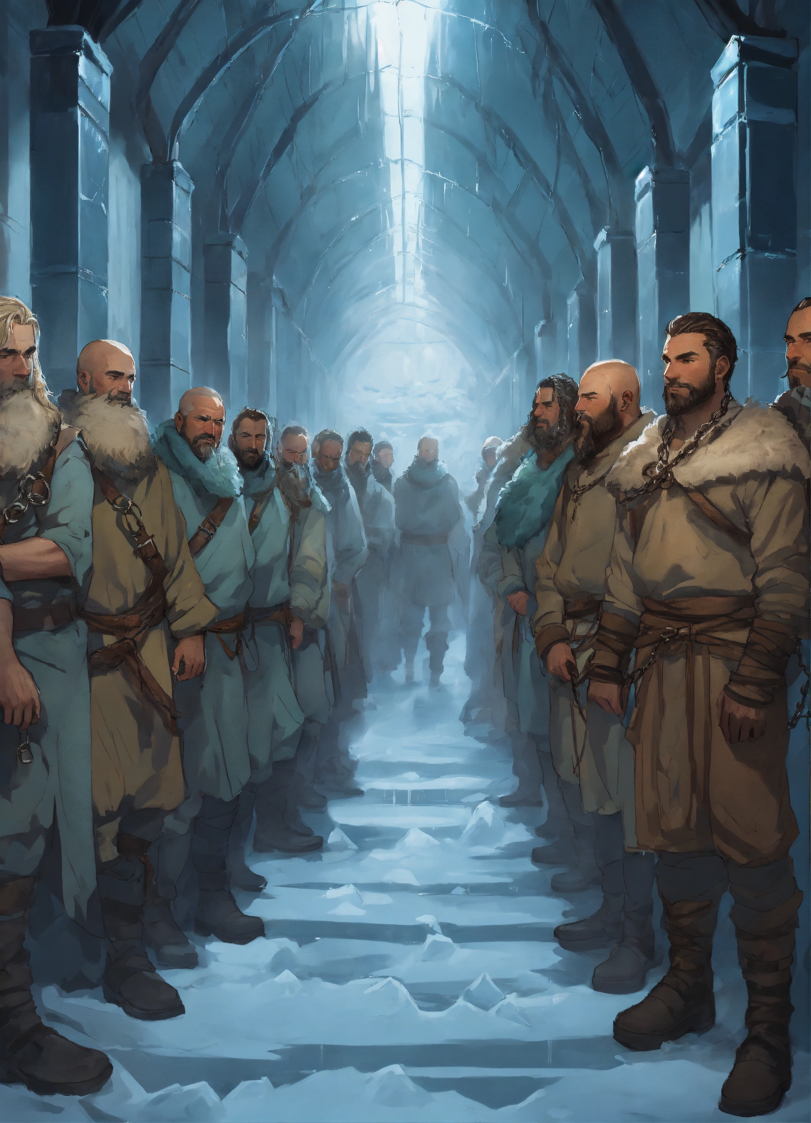 Lexica - Line of male prisoners all chained together in an ice prison ...
