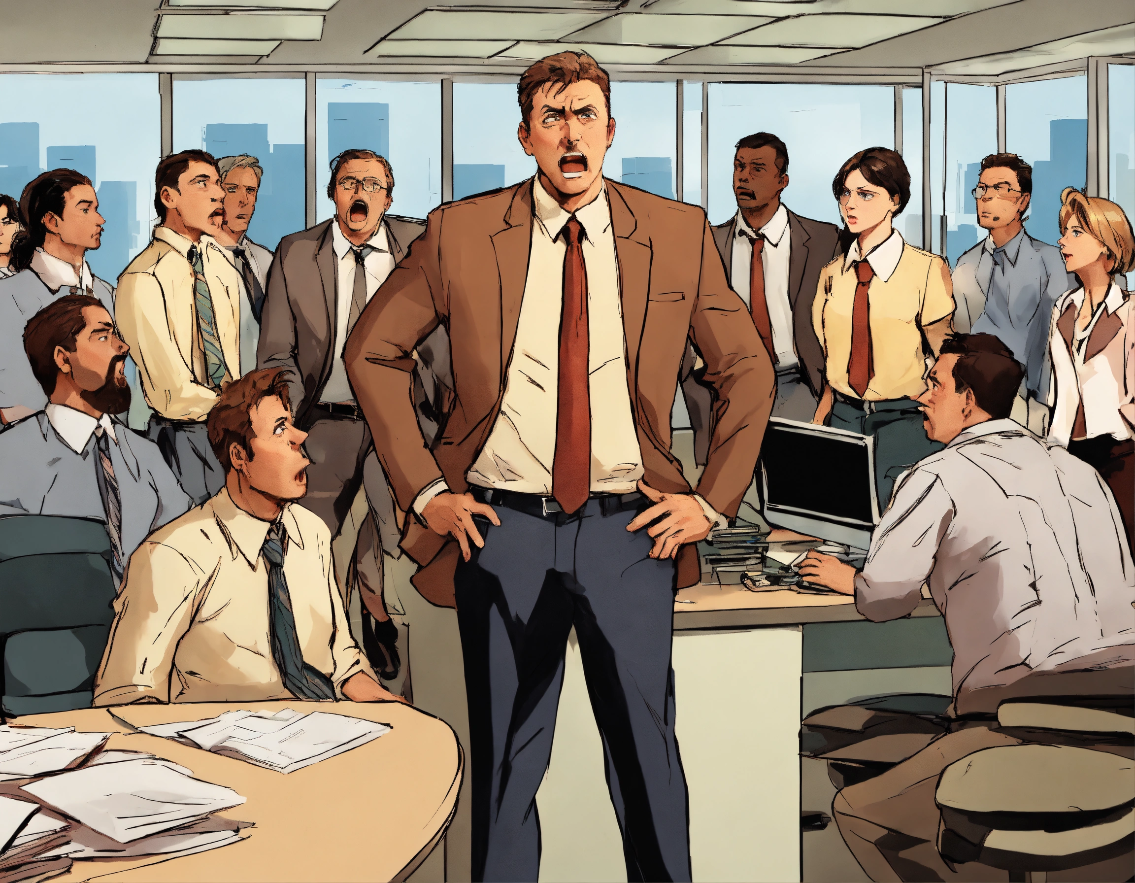 Lexica - "Depict a scene in an office where a boss stands at the center ...