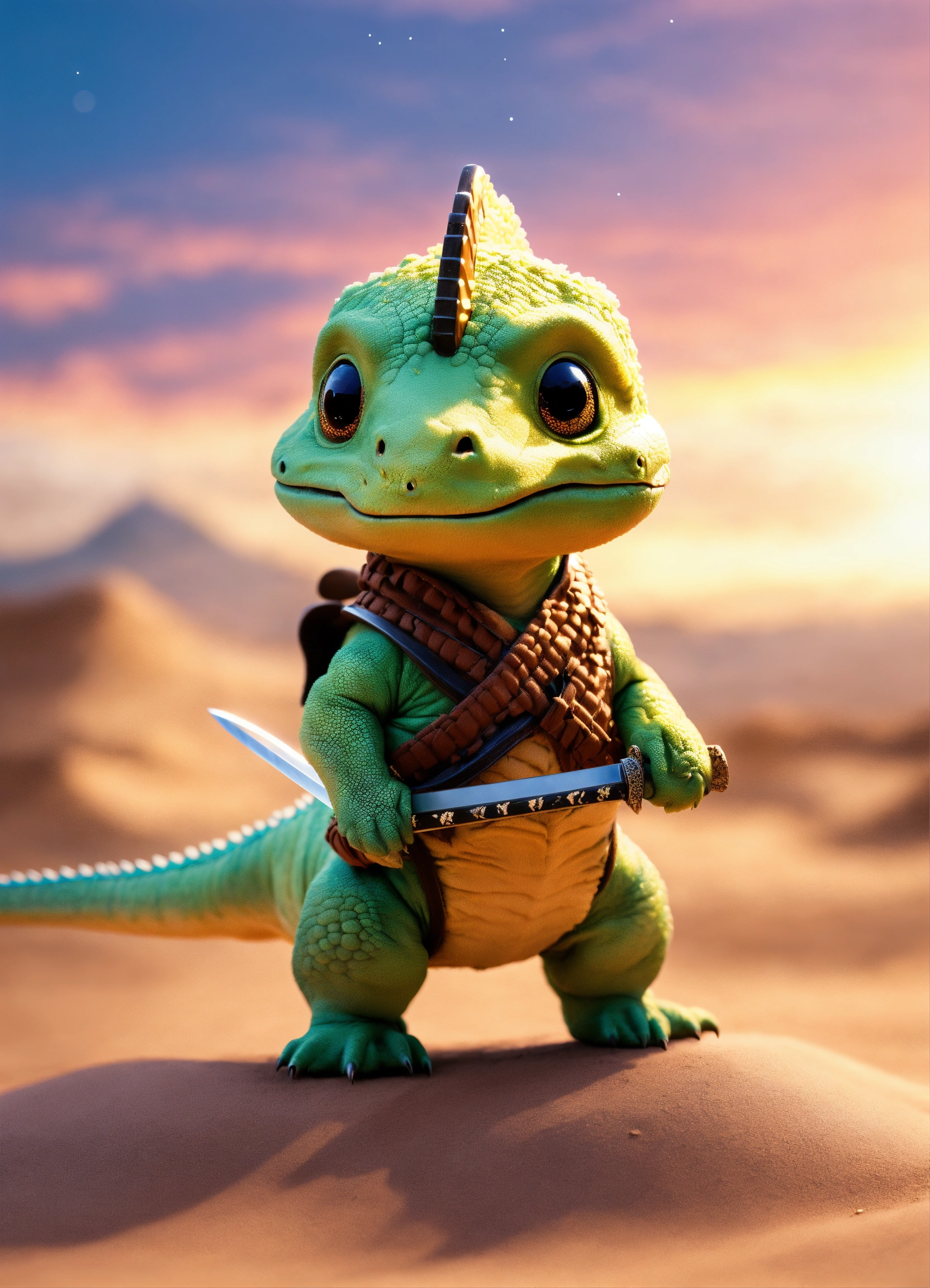 Lexica - An adorable and fluffy baby dinosaur, samurai, western, desert ...