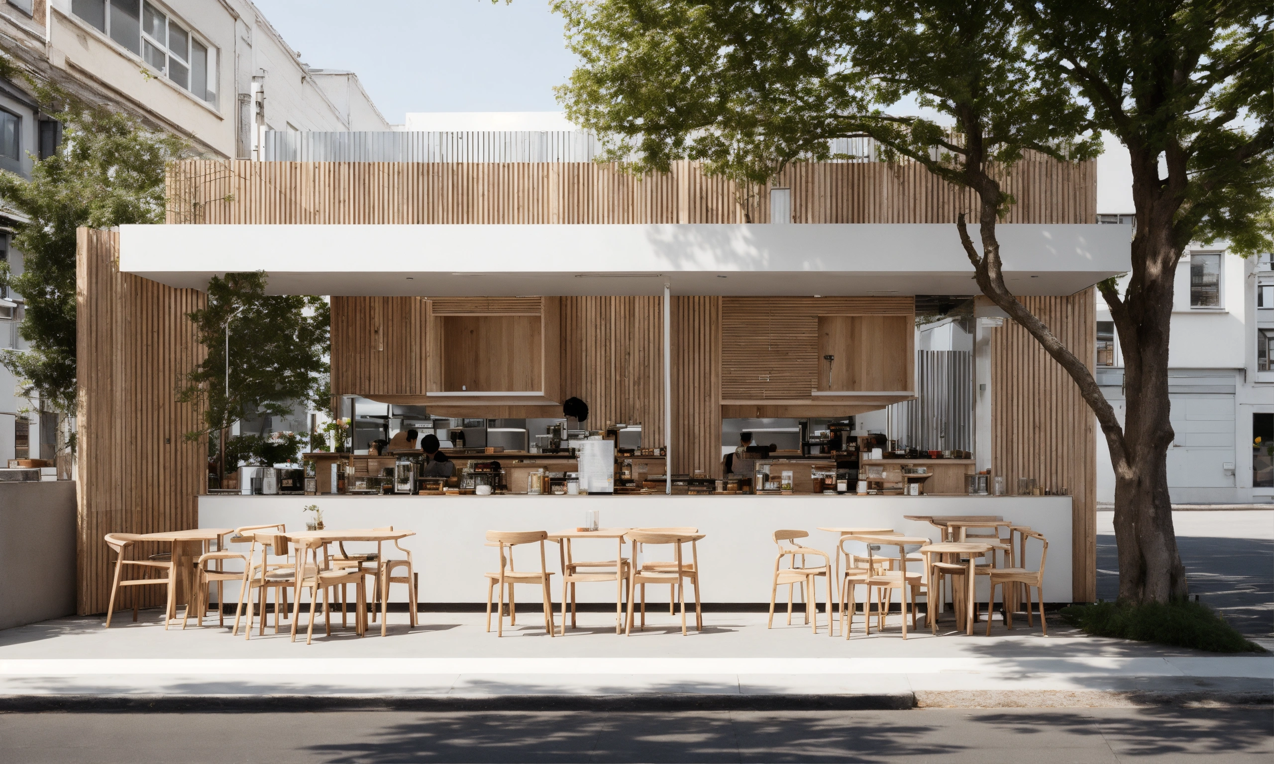 Lexica - Minimal, white and light wood cafe exterior