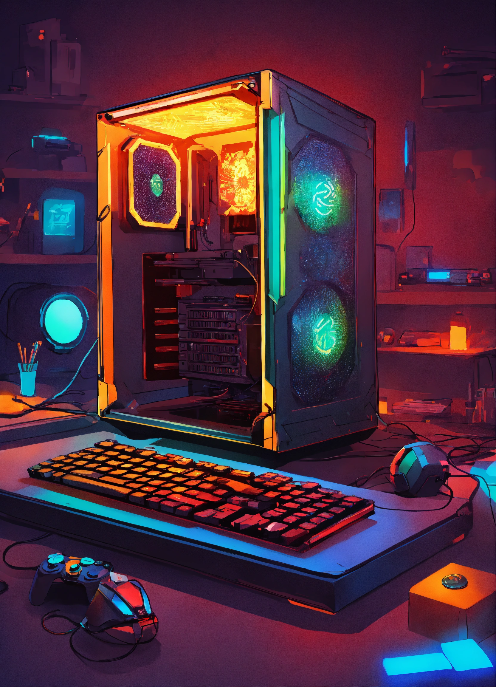 Lexica - I would like a stylized illustration of a gaming PC with