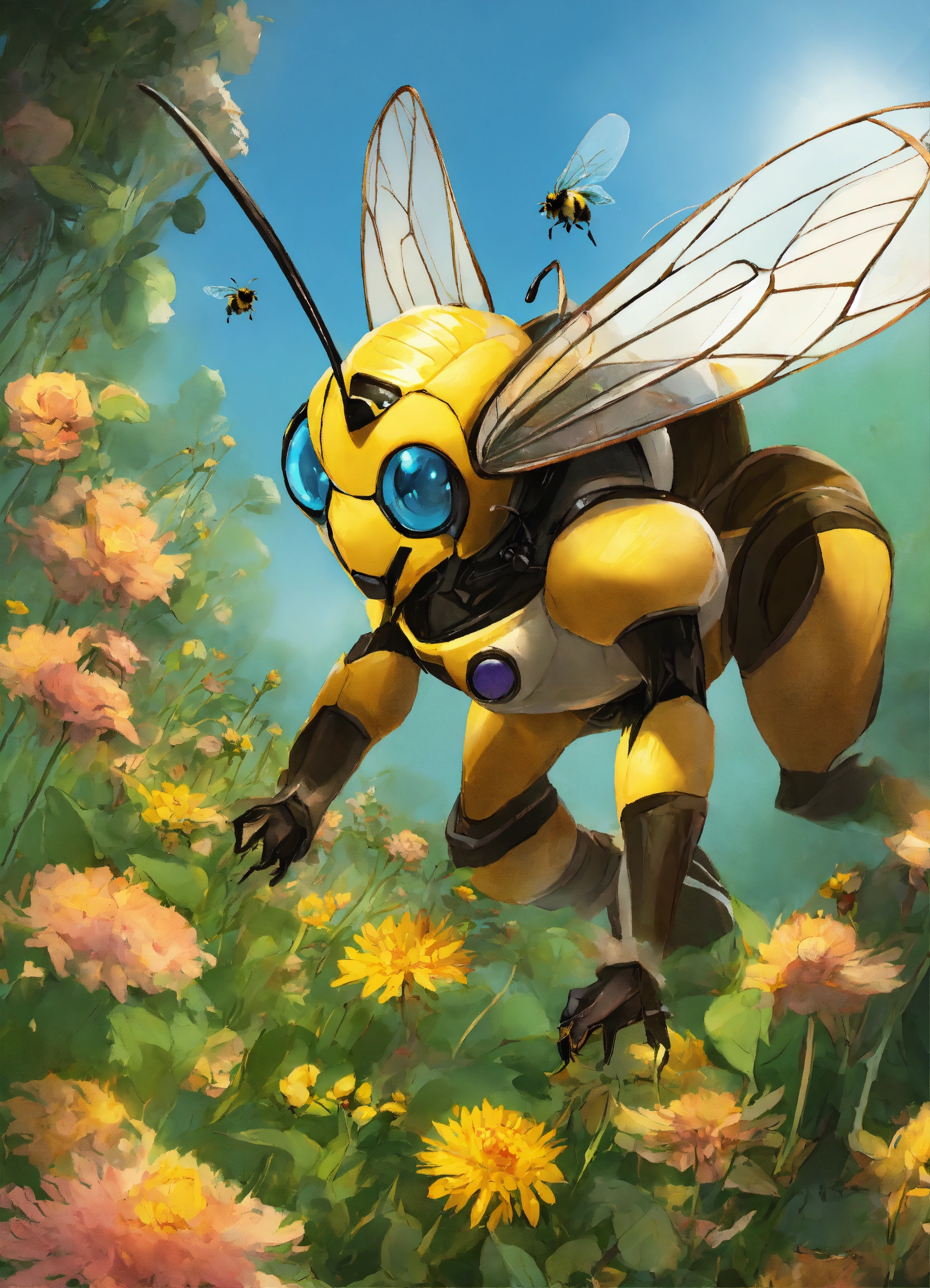 Lexica - Bumblebee's buzzing quest for nectar, nature's industrious adventurer in action,cartoony