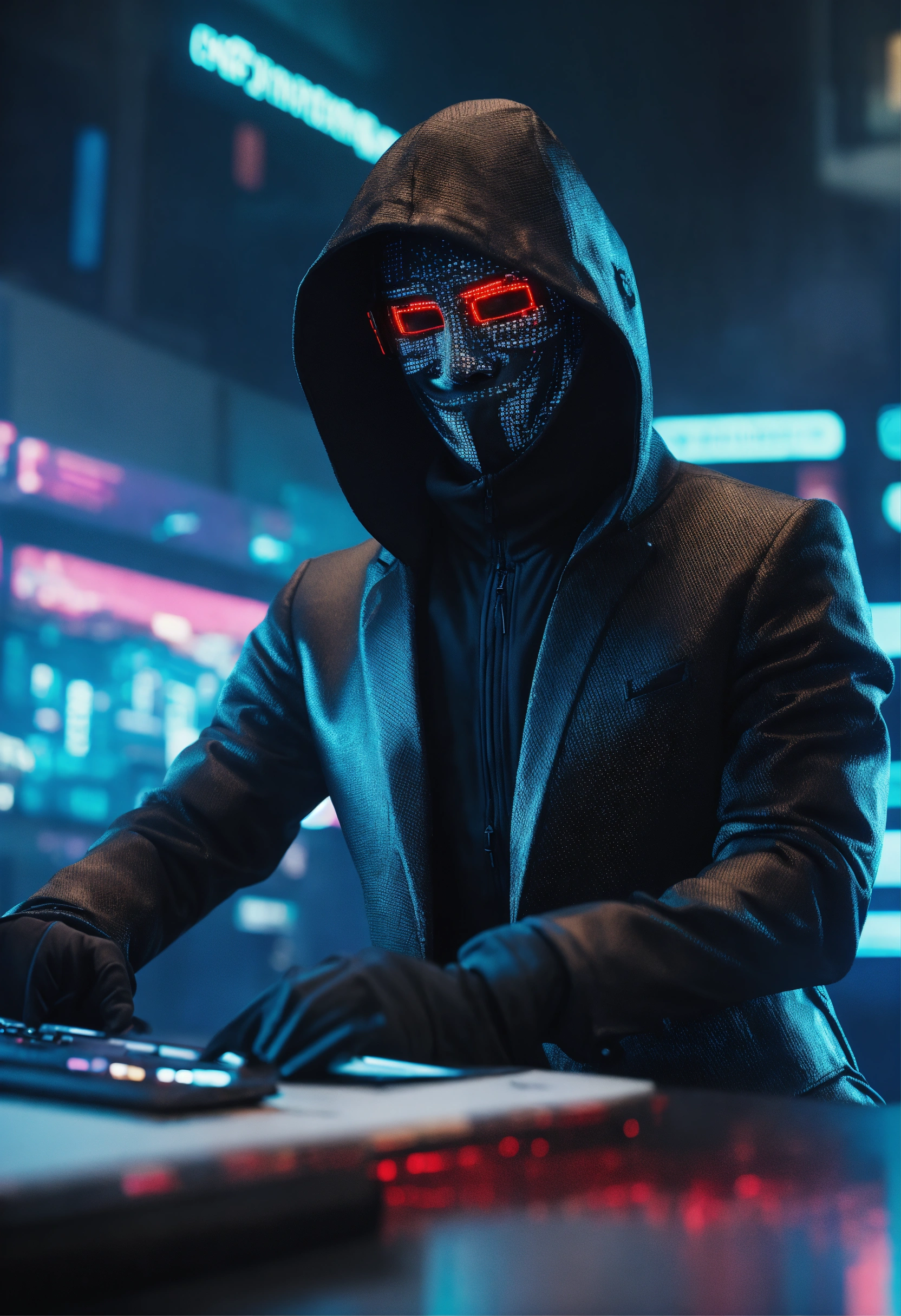 Lexica - Anonymous, Cyberpunk Hacker, Wearing Black Suit, Cinematic, 4k, Zoom Out