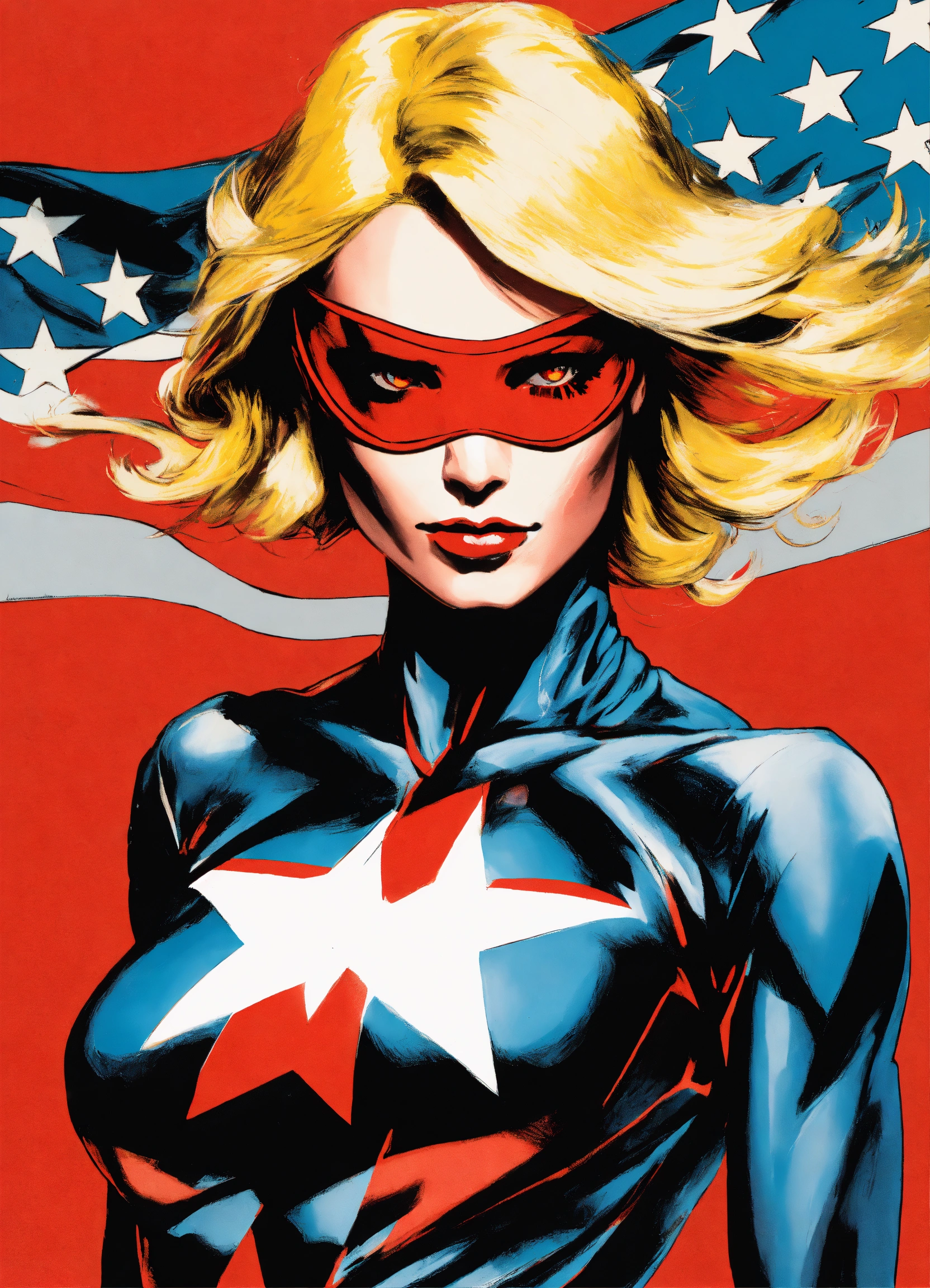 Lexica - Masked blonde-haired female superhero, flying pose, fiery red ...