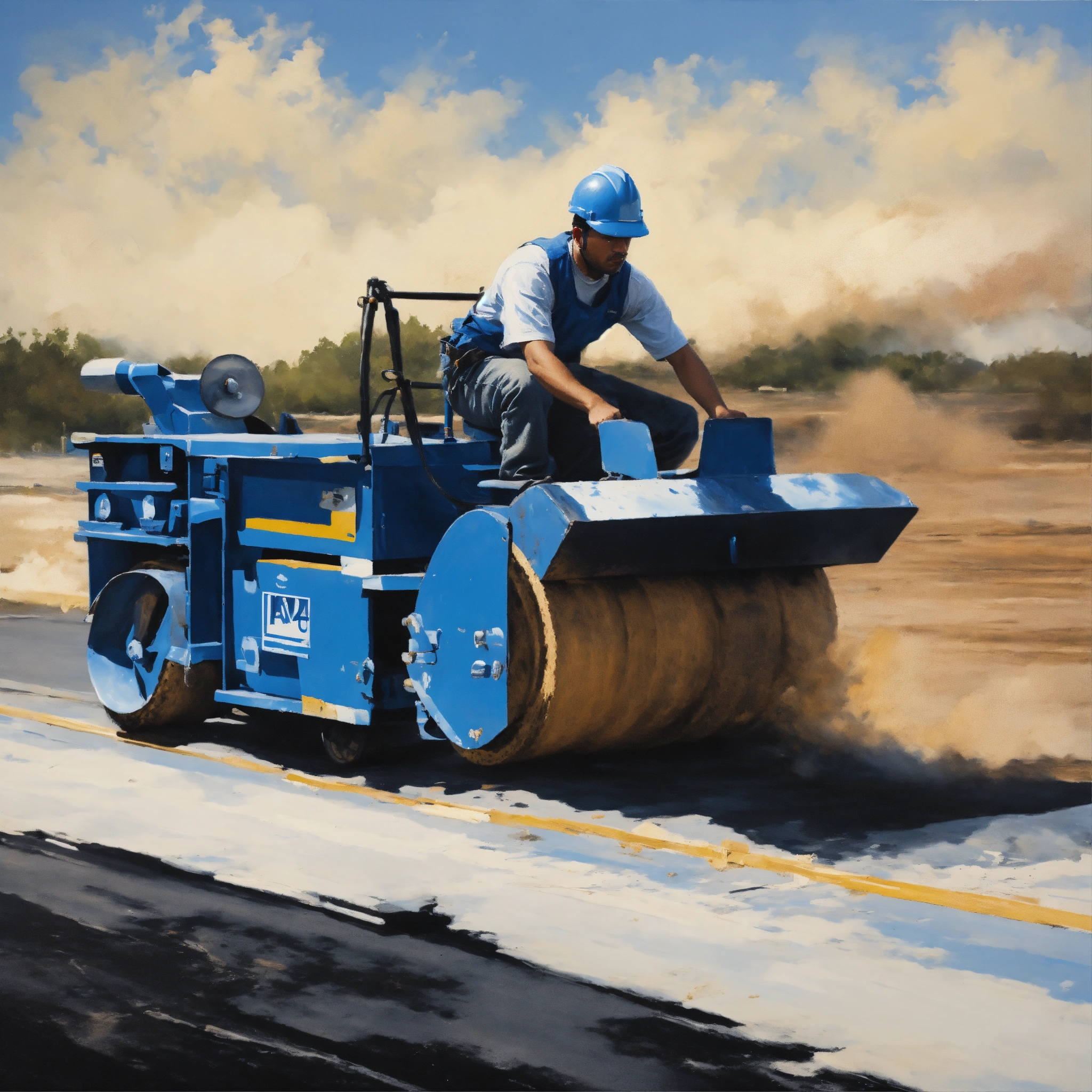 Lexica - Painting of a construction worker riding a asphalt paver into ...