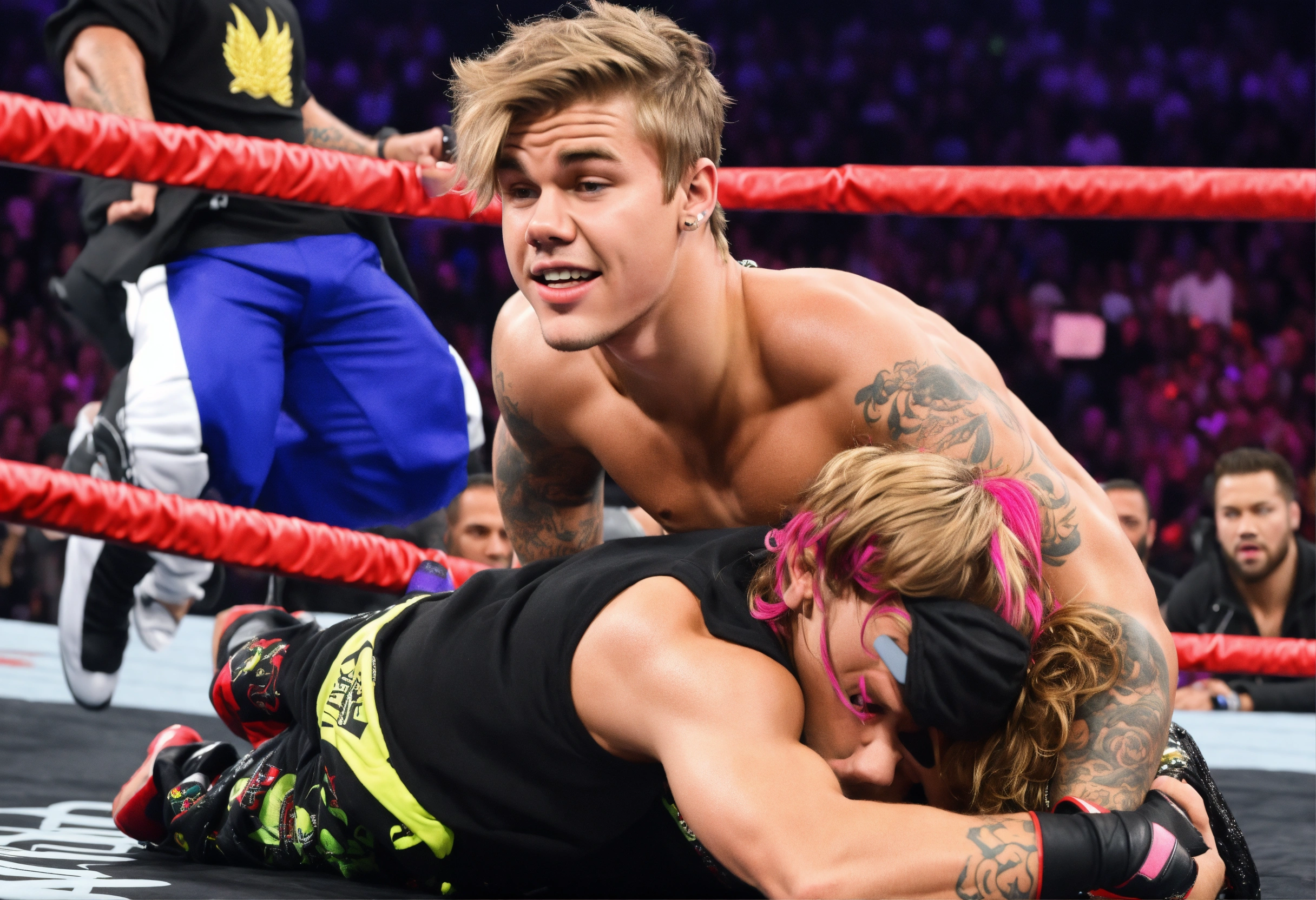 Lexica - Justin bieber as a WWE wrestler, tackling Harry Styles