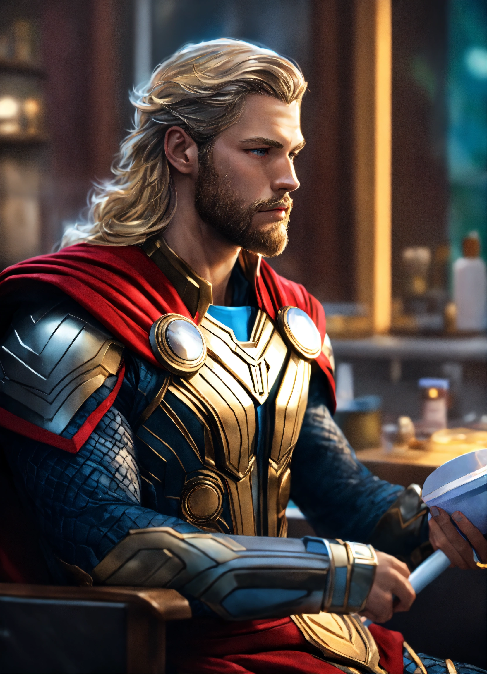 Lexica - Artgerm male Thor sitting at a wellness salon, face is covered ...