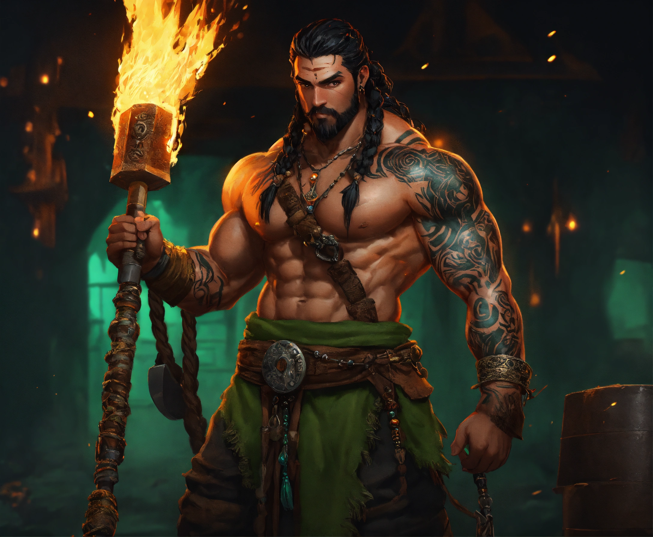 Lexica - Full body, orque, dirty, black hair, lots of intricate braids ...