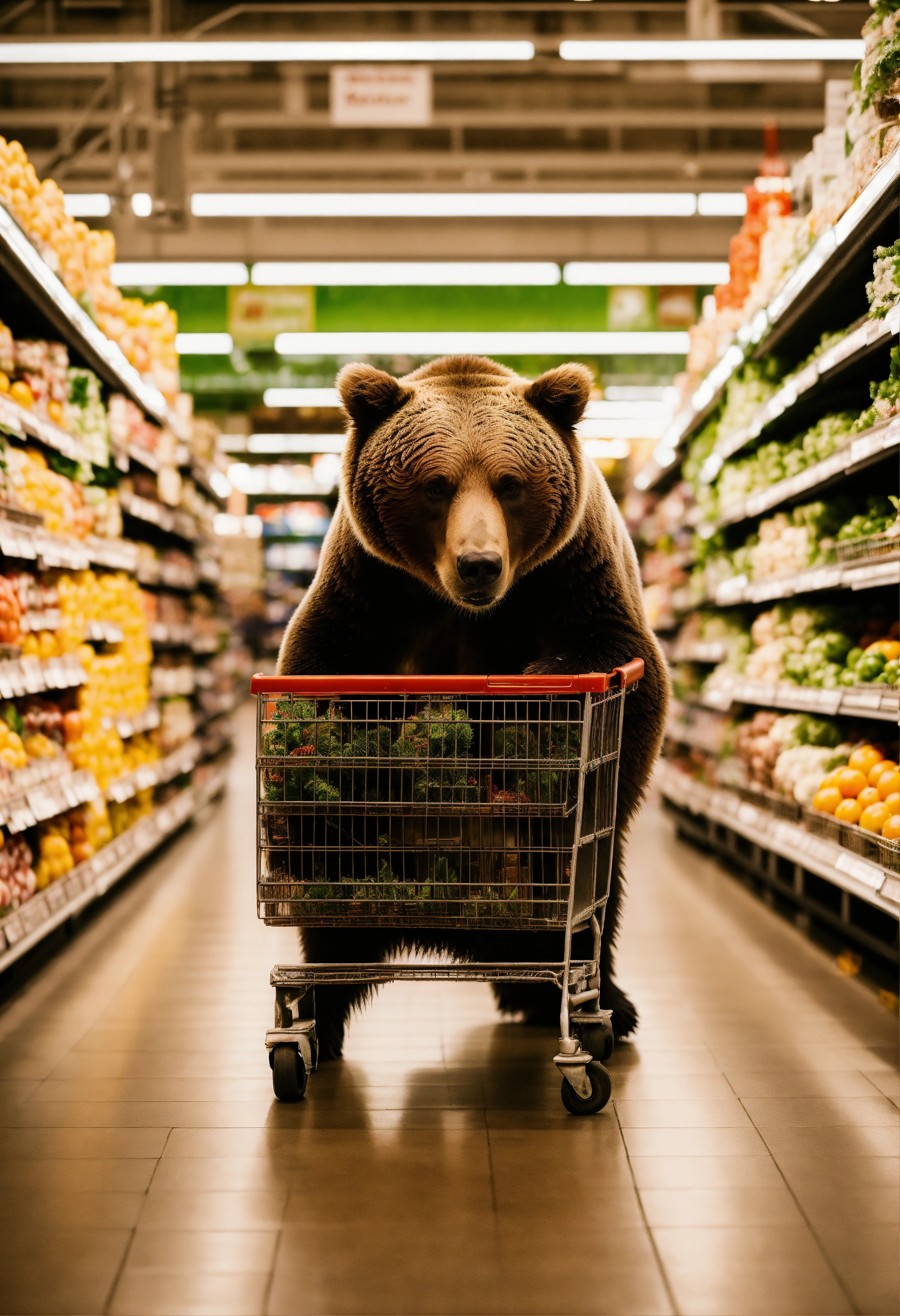 Lexica - Grizzly bear pushing grocery cart, in supermarket, produce ...